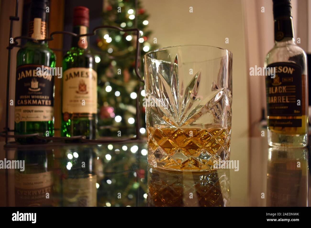 A selection of Jameson Irish Whiskey with a christmas tree in the ...