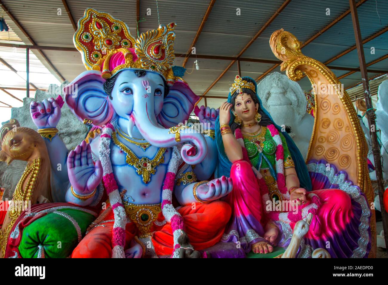 Statue of Hindu God Ganesha. close up of Ganesha Idol at an artist's ...