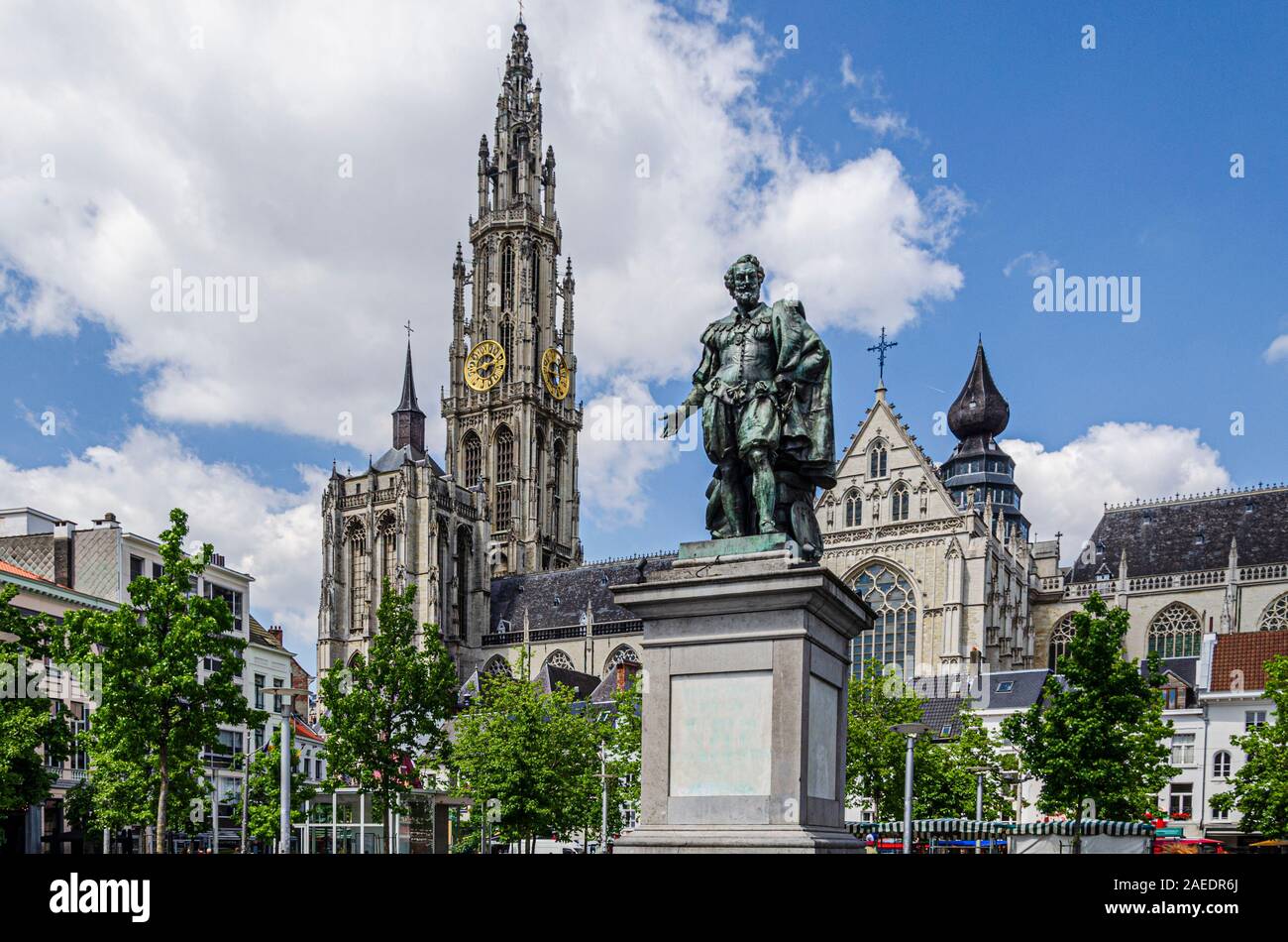 main square of antwerp with its famous cathedral in the background and ...