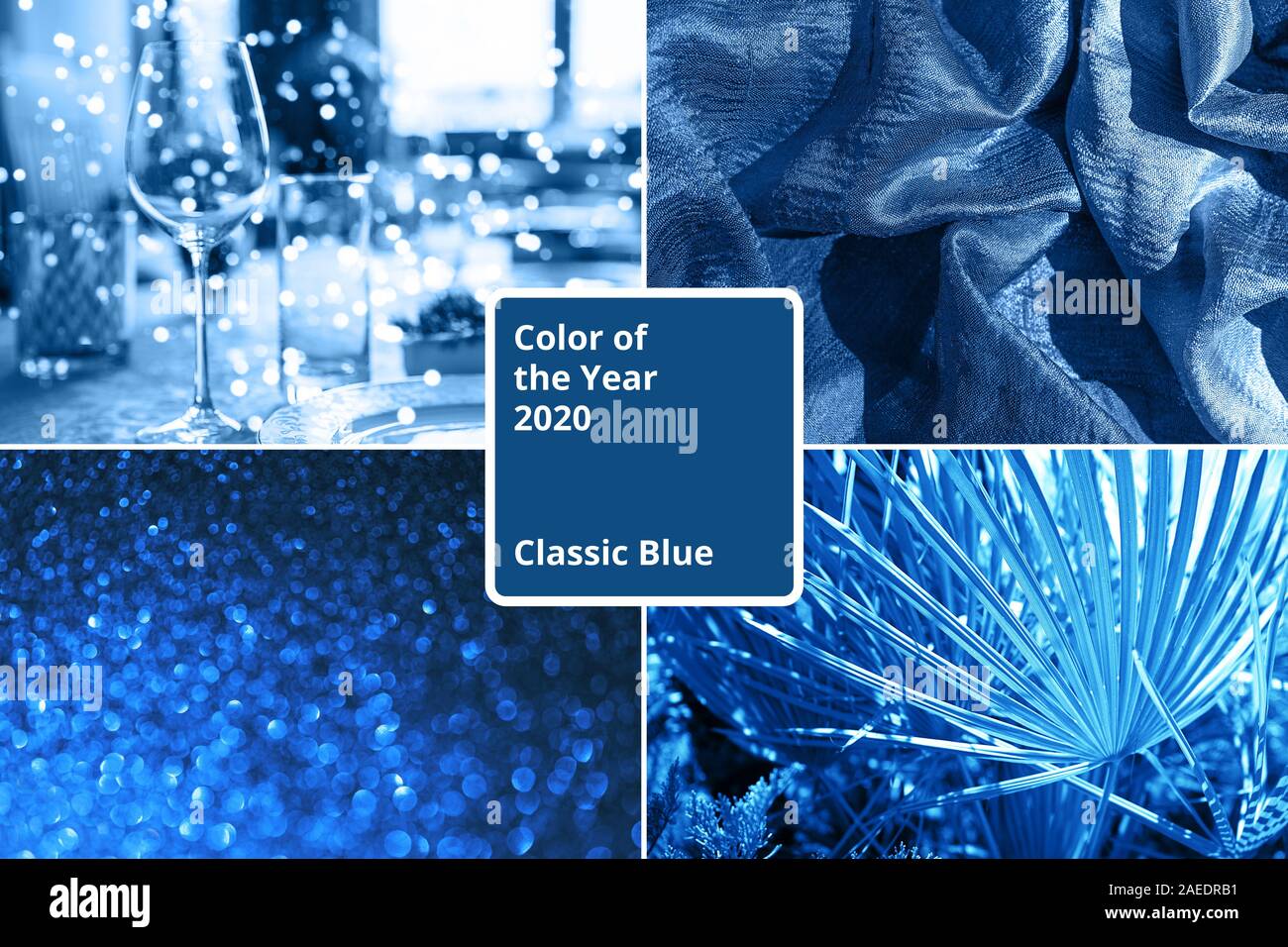 Collage with Classic Blue color of the year 2020. Trend color layout ...