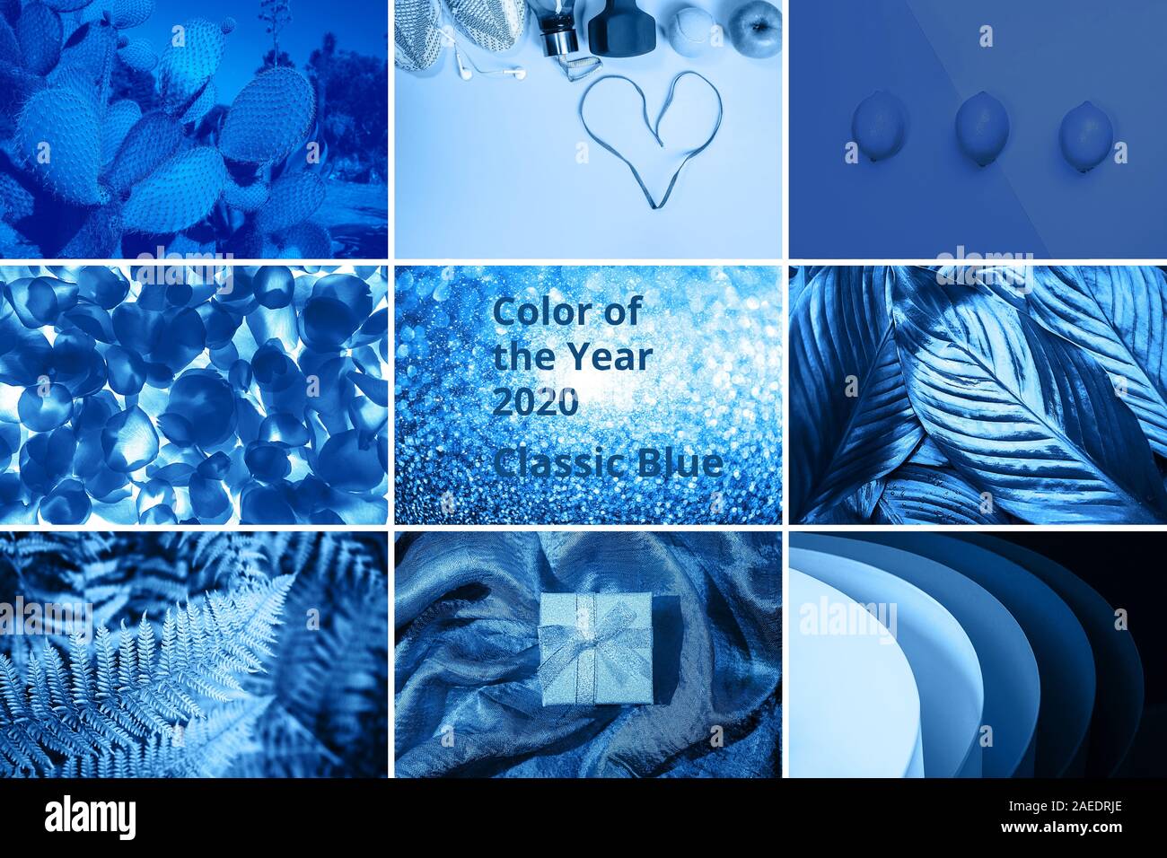 Collage with Classic Blue color of the year 2020. Trend color layout ...