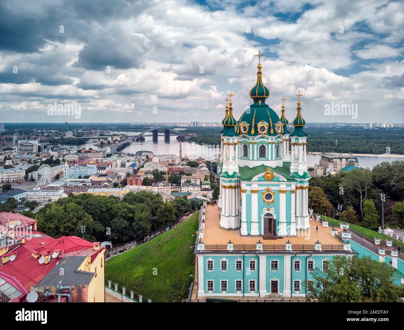 Aerial top view of Saint Andrew's church and Andreevska street from ...