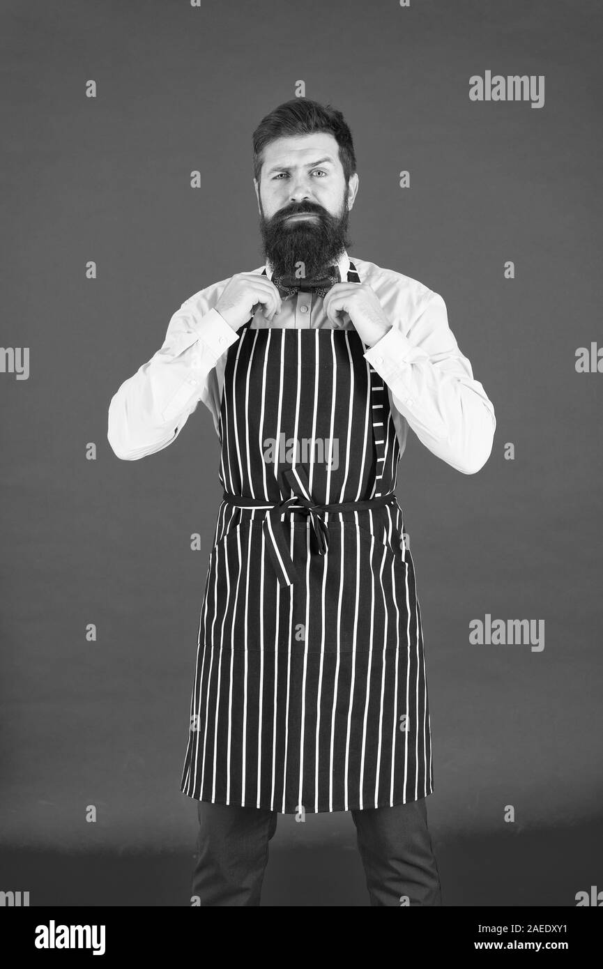 Confident in his recipe. Modern cafe concept. Cooking modern meals. Man ...