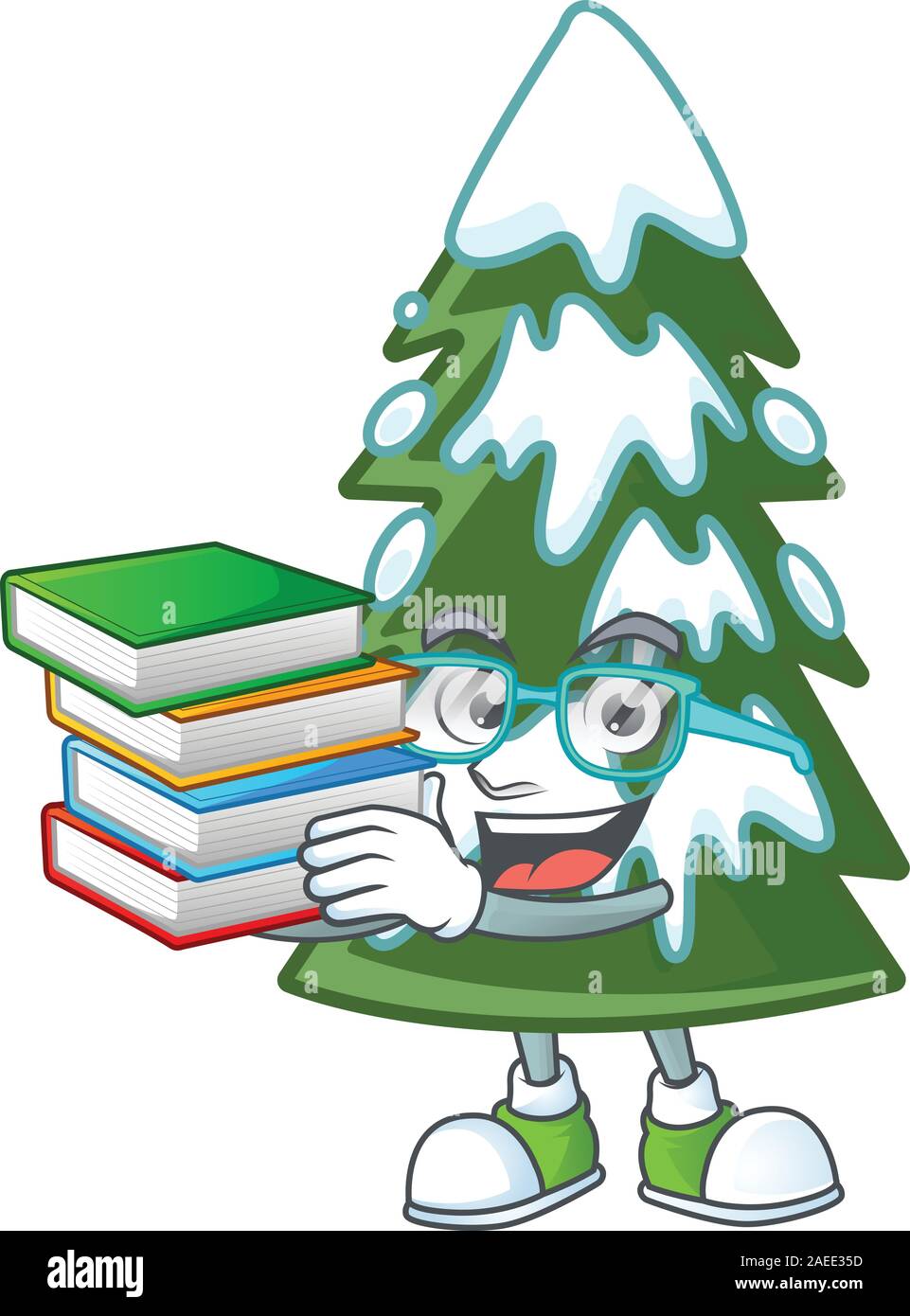 Student with book christmas tree snow mascot cartoon character style ...