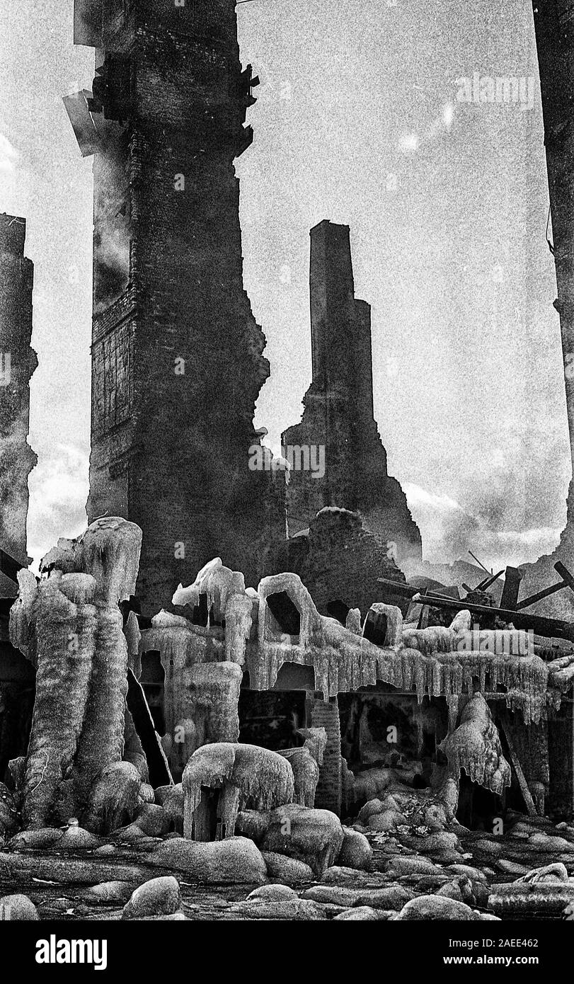 Frozen ruins of a building after a fire Stock Photo - Alamy