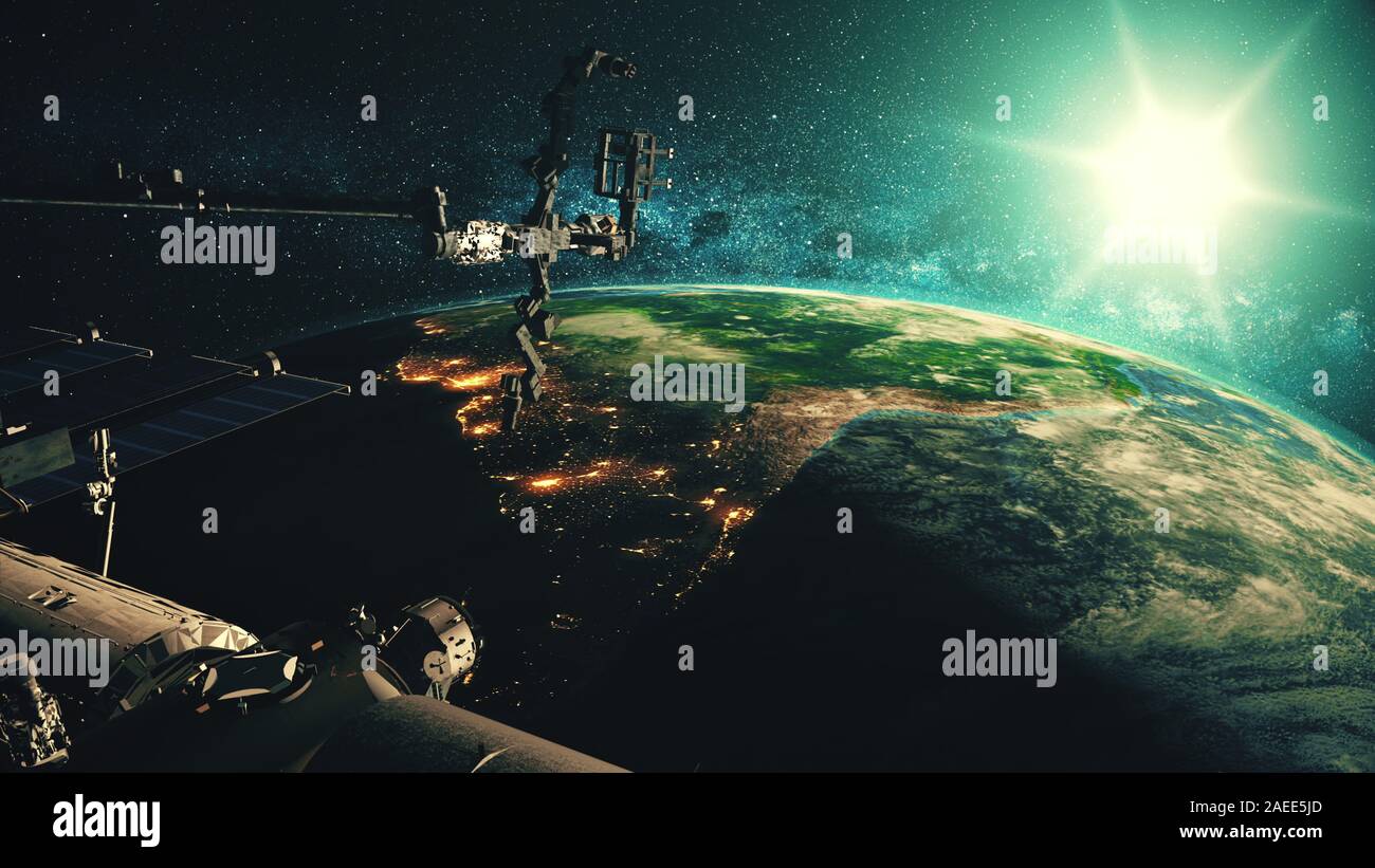 Detailed of ISS orbiting realistic planet Earth. International Space ...