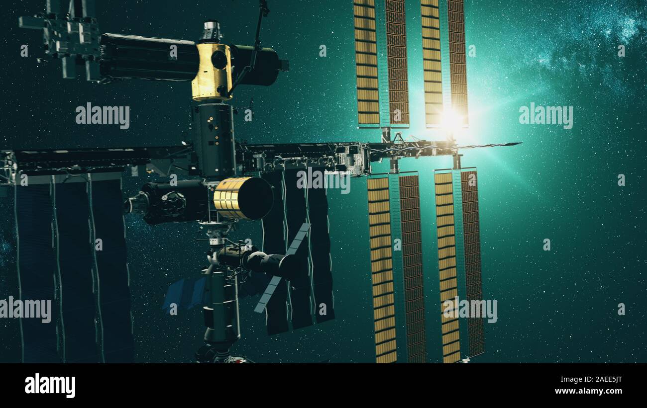 Close up of ISS charging solar panel from starligh. International Space ...