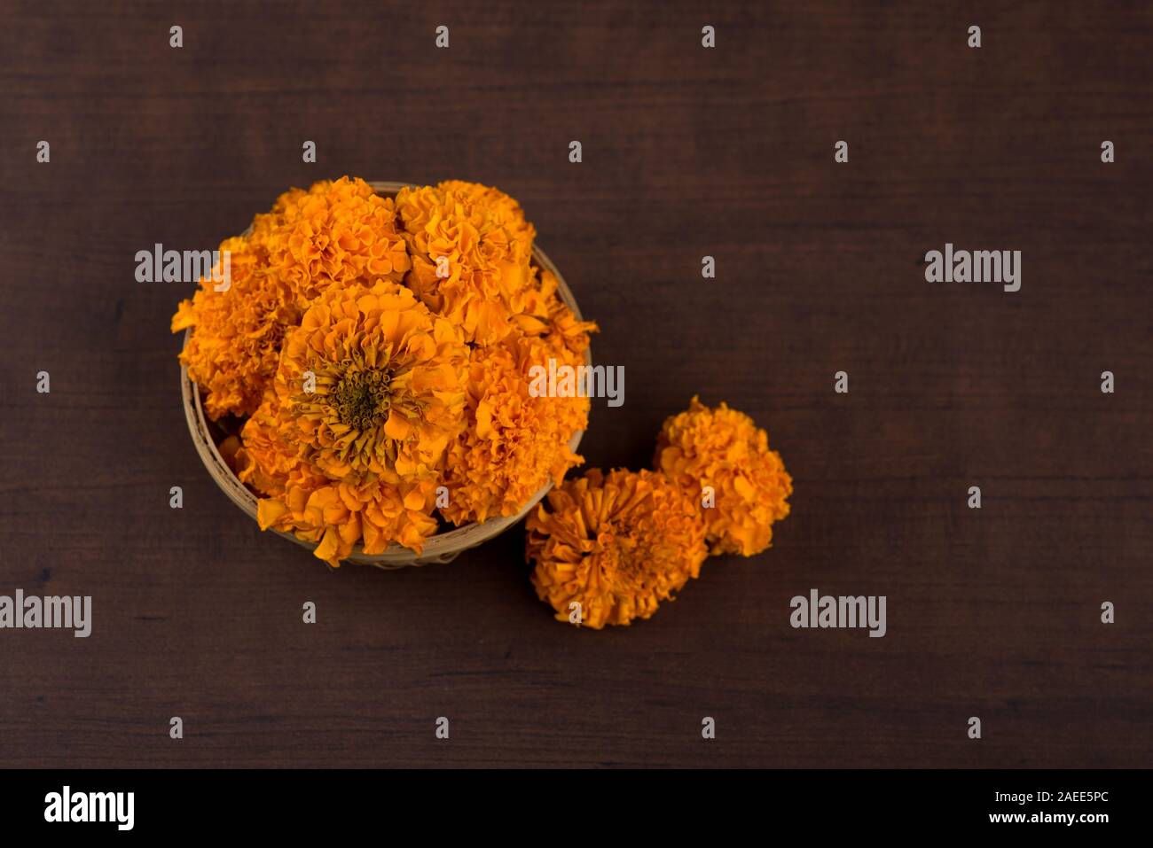 Marigold (Zendu Flowers) flowers in a bamboo basket Stock Photo - Alamy