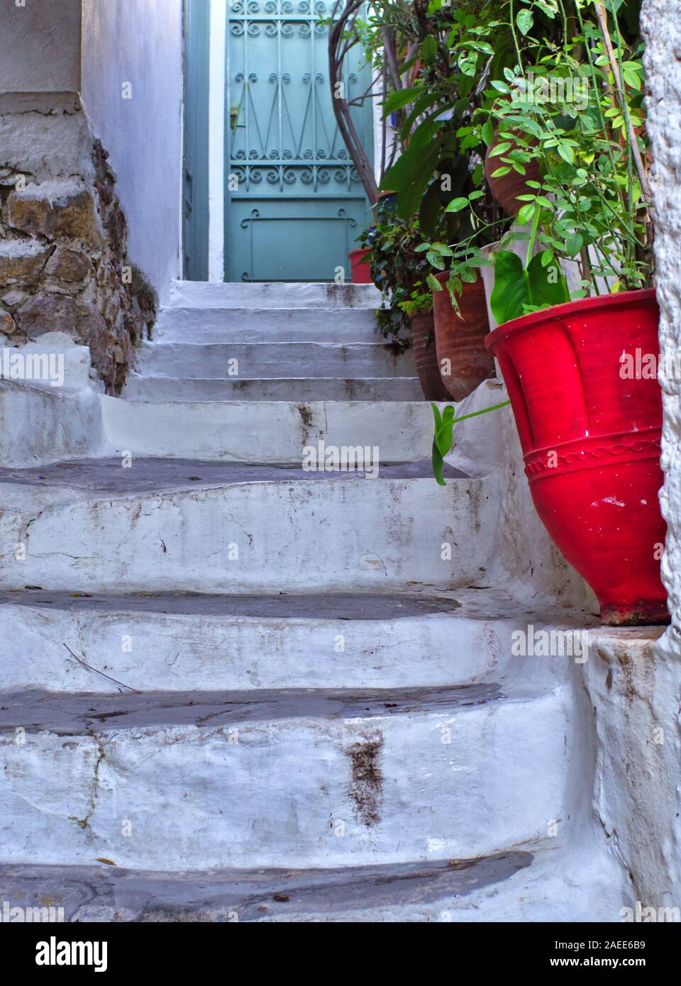 Anafiotika, Plaka, under the Acropolis in Athens, Greece. White steps ...