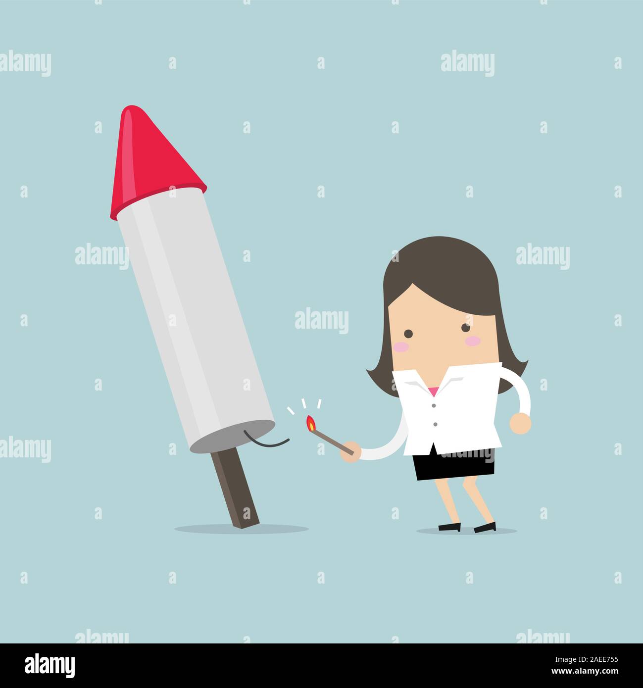 Businesswoman launching firework rocket. Business concept cartoon Stock ...