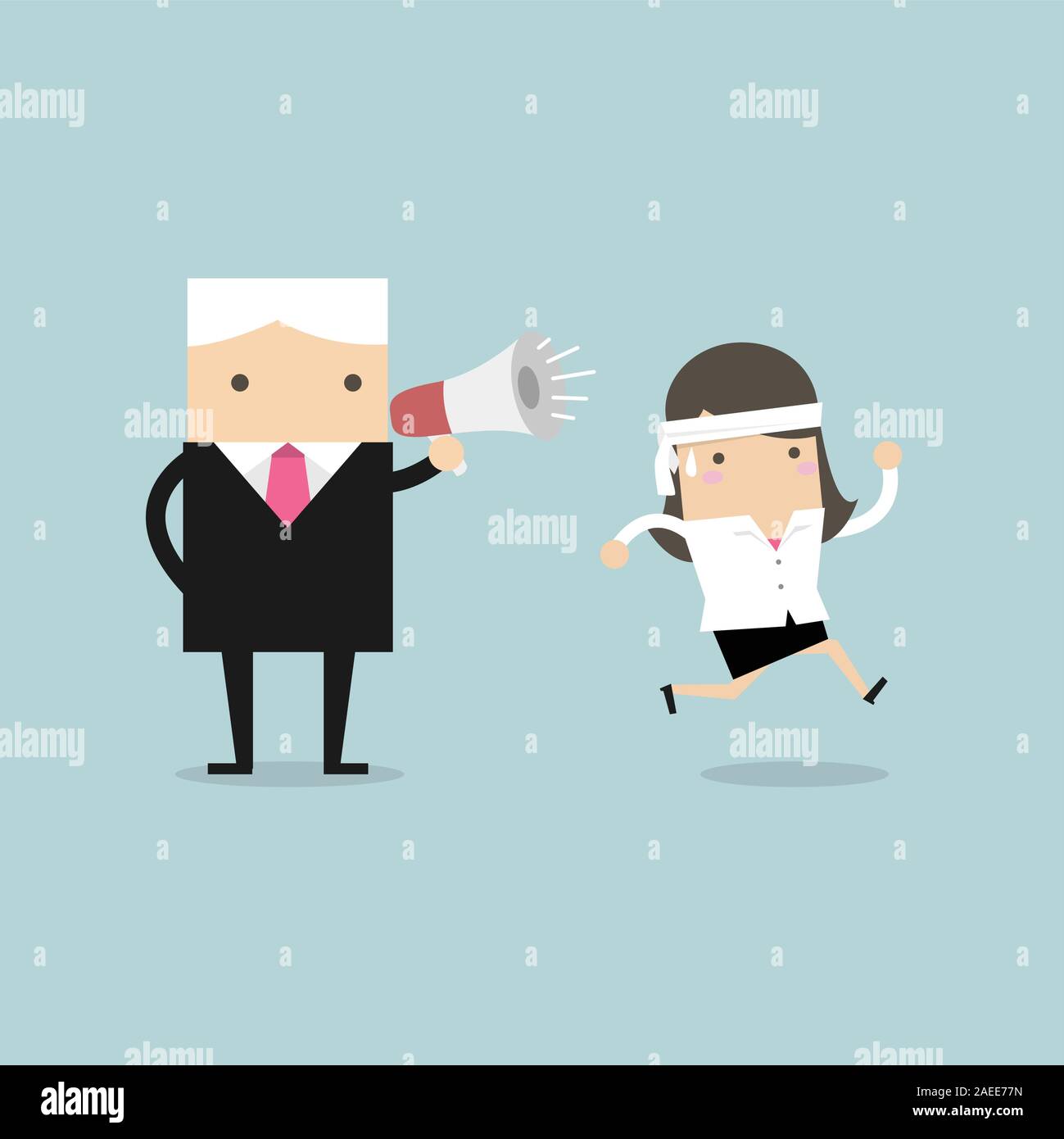 Boss commanding officers into a megaphone. Employees run work Stock ...