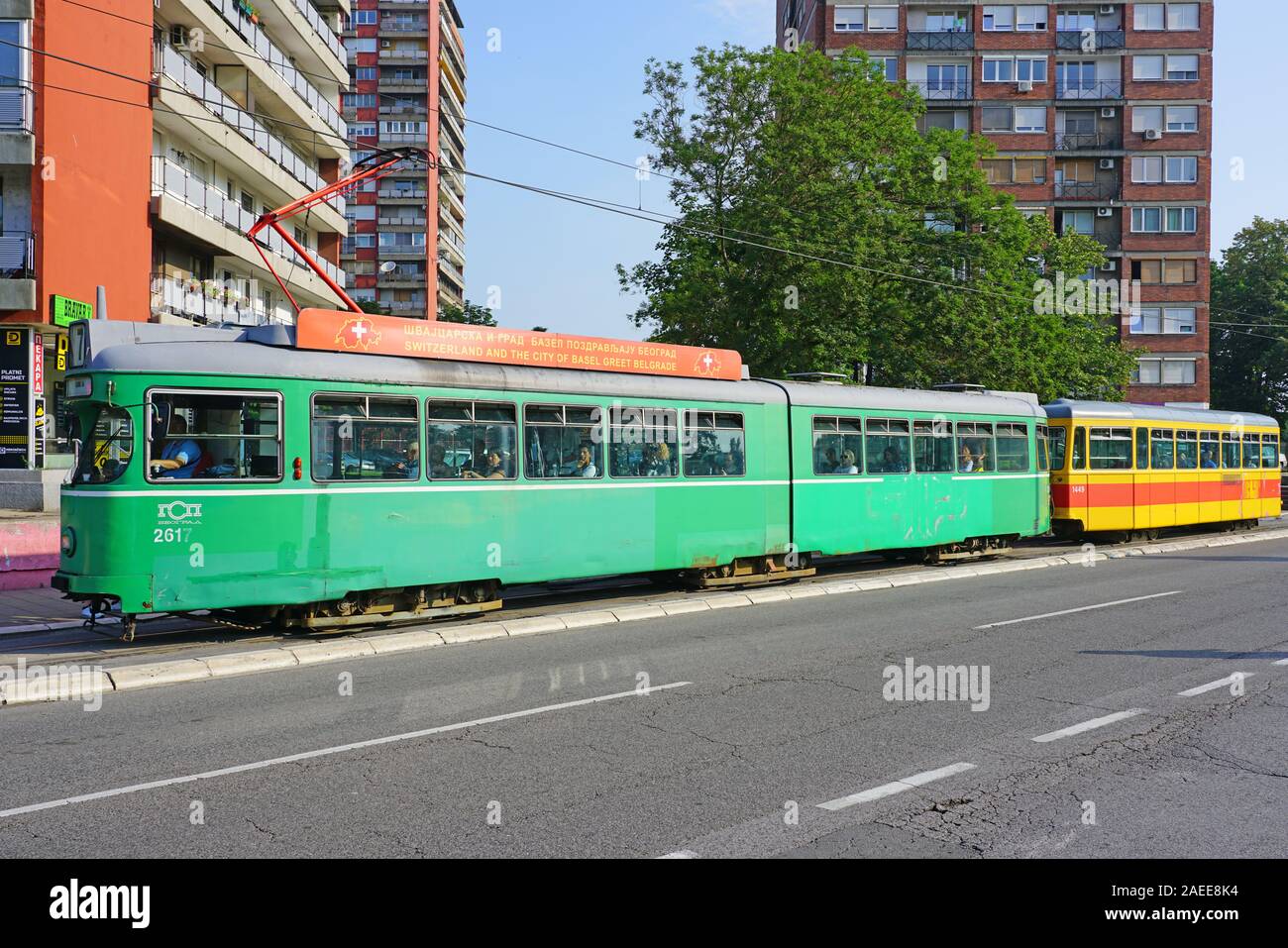 BELGRADE, SERBIA -18 JUN 2019- View of a street tram in Belgrade ...