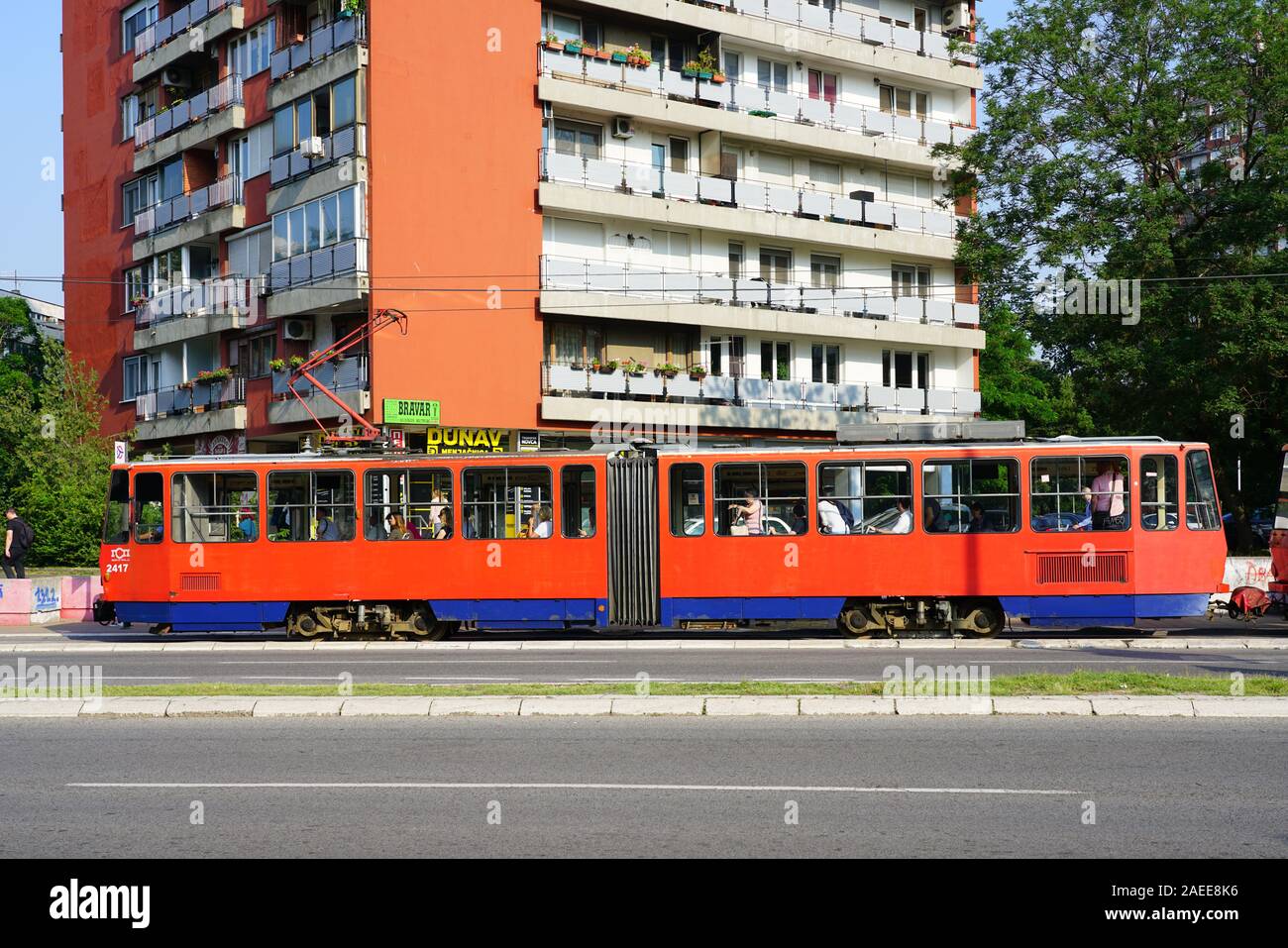 BELGRADE, SERBIA -18 JUN 2019- View of a street tram in Belgrade ...