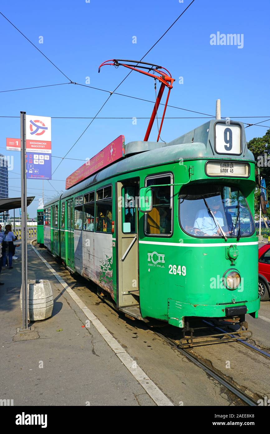 BELGRADE, SERBIA -18 JUN 2019- View of a street tram in Belgrade ...