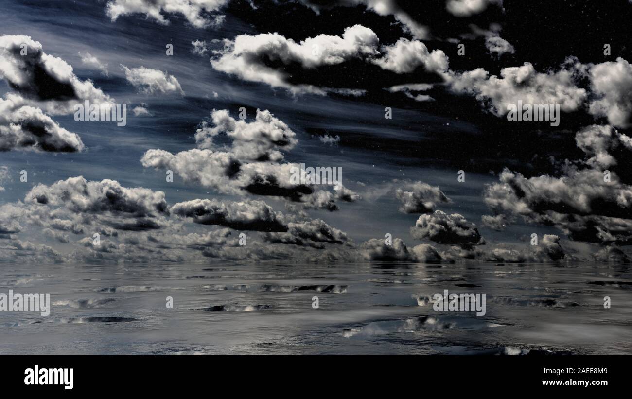 Clouds and sea in the fog. Dramatic background of blue hue. 3D ...
