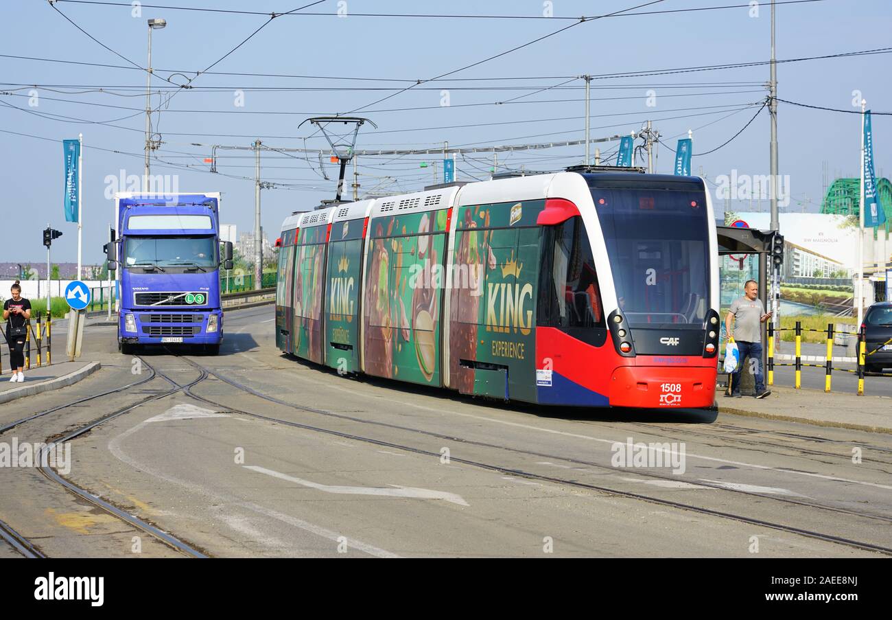 BELGRADE, SERBIA -18 JUN 2019- View of a street tram in Belgrade ...