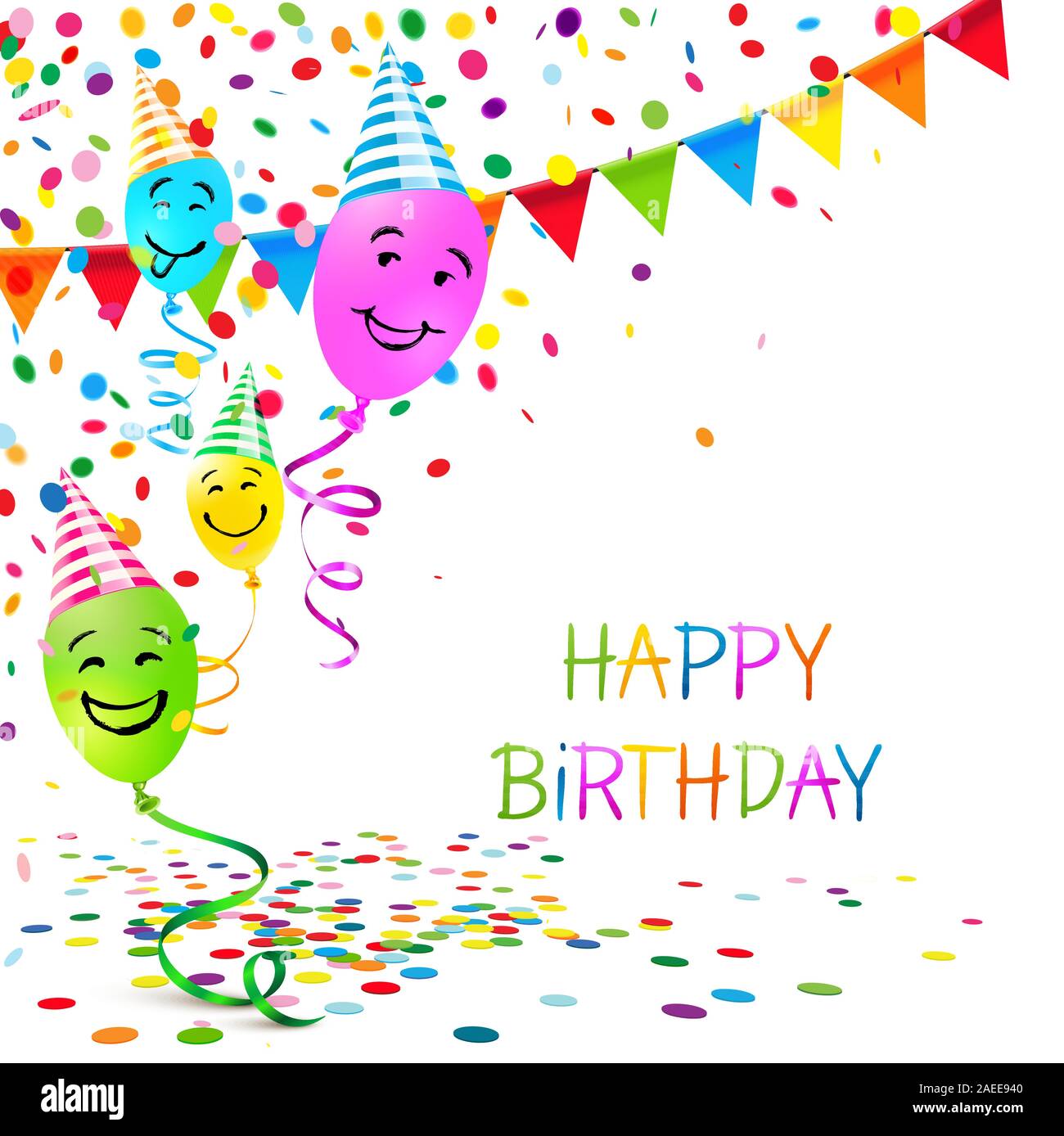 Colorful happy ballon characters with party hats, garland and confetti ...
