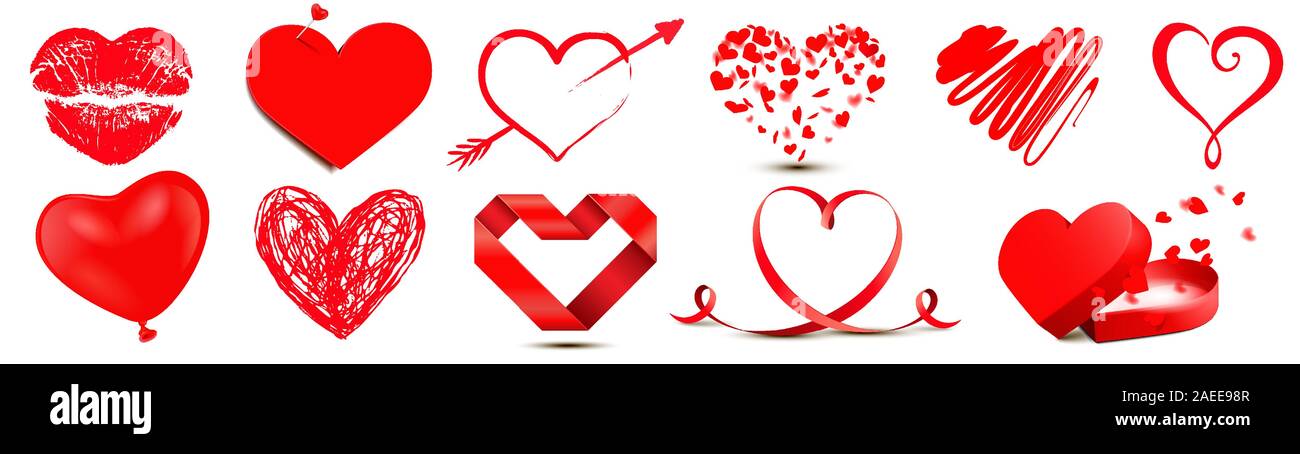 Red heart symbol set. Different heart styles and heart-shaped items ...