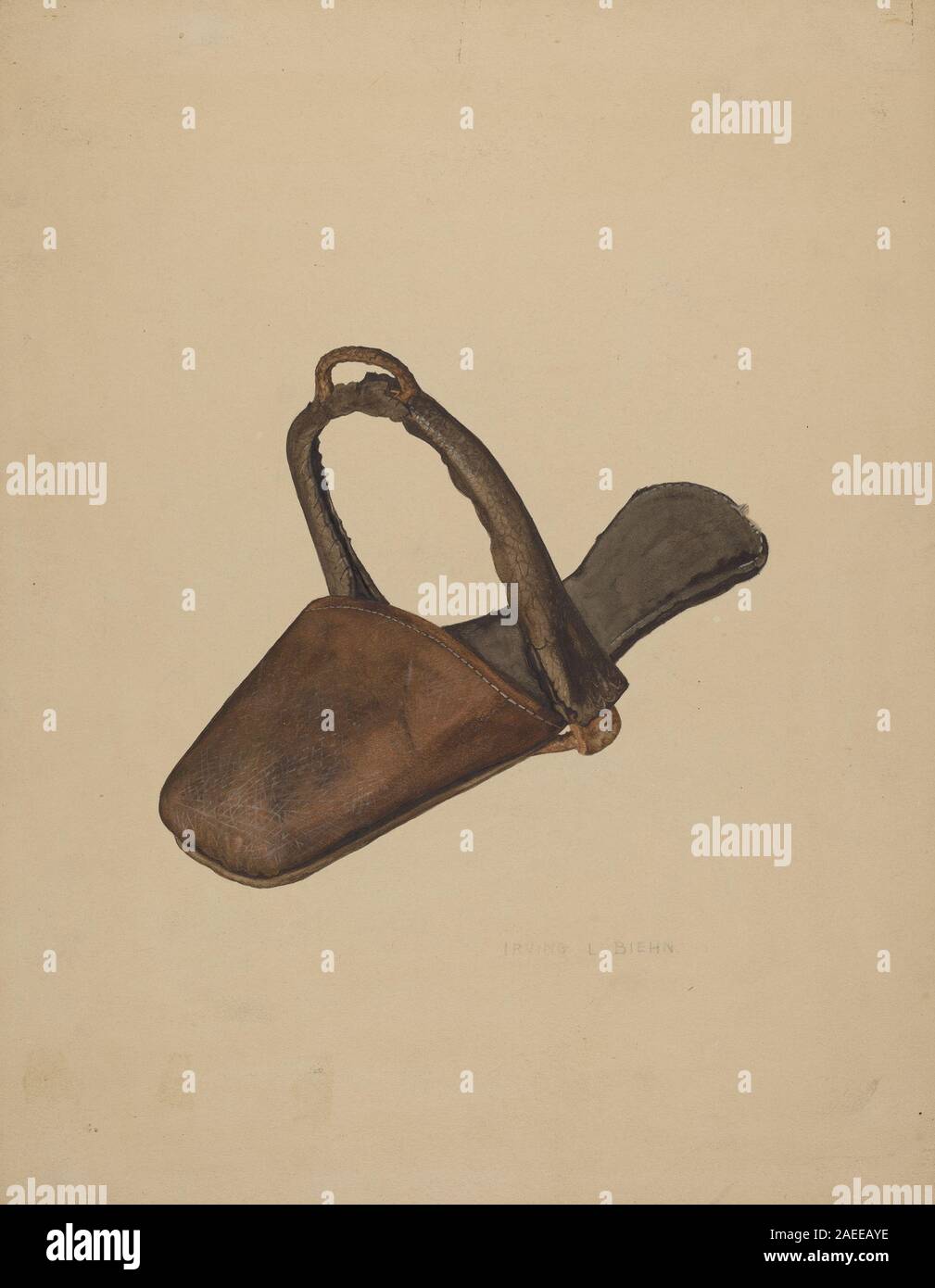 A c. 1942 wooden stirrup shoe by Irving L Biehn, showing carved shoe ...