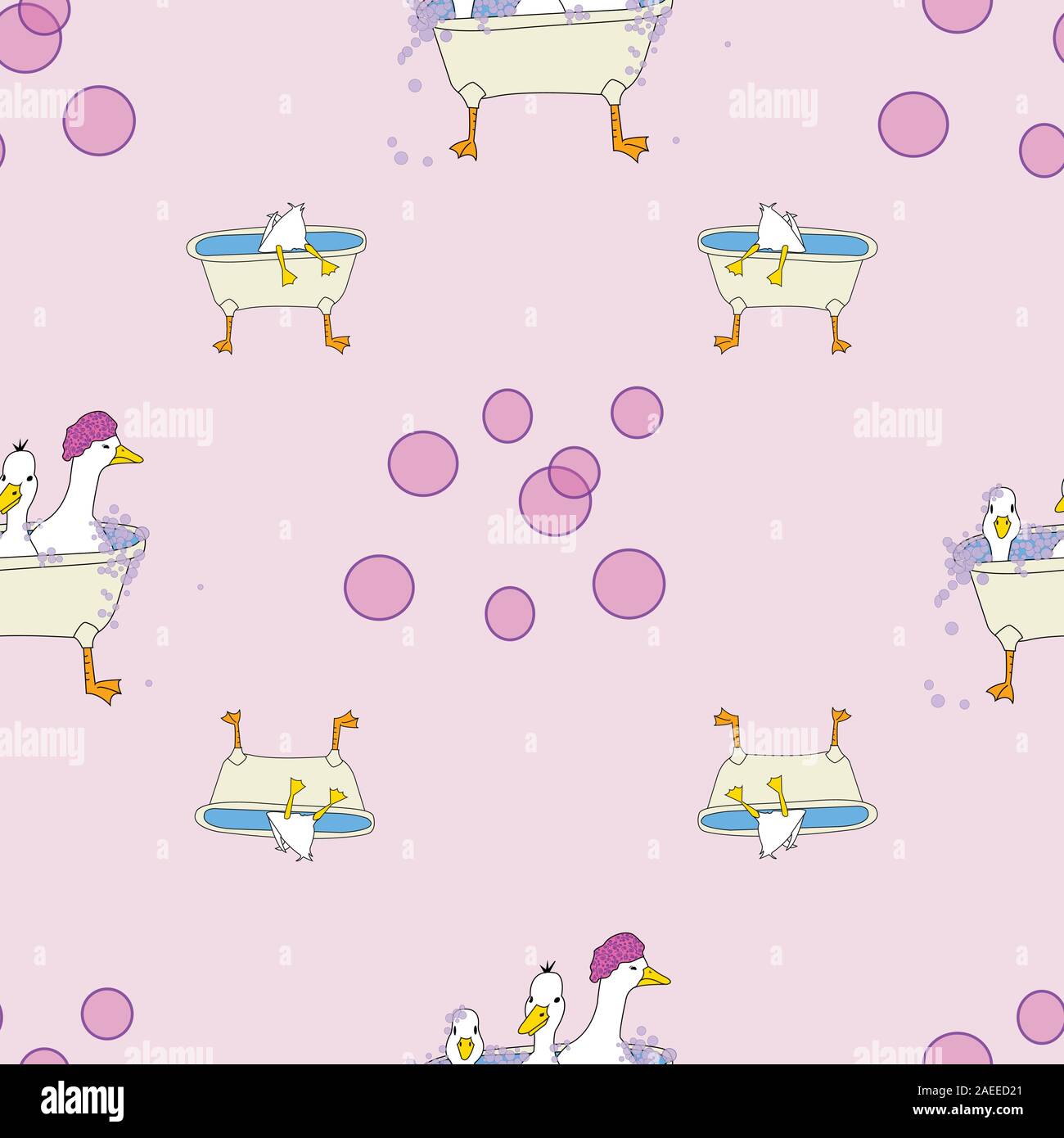 Ducks in Tubs on a pink background, repeat vector surface pattern design, fun with bubbles Stock ...