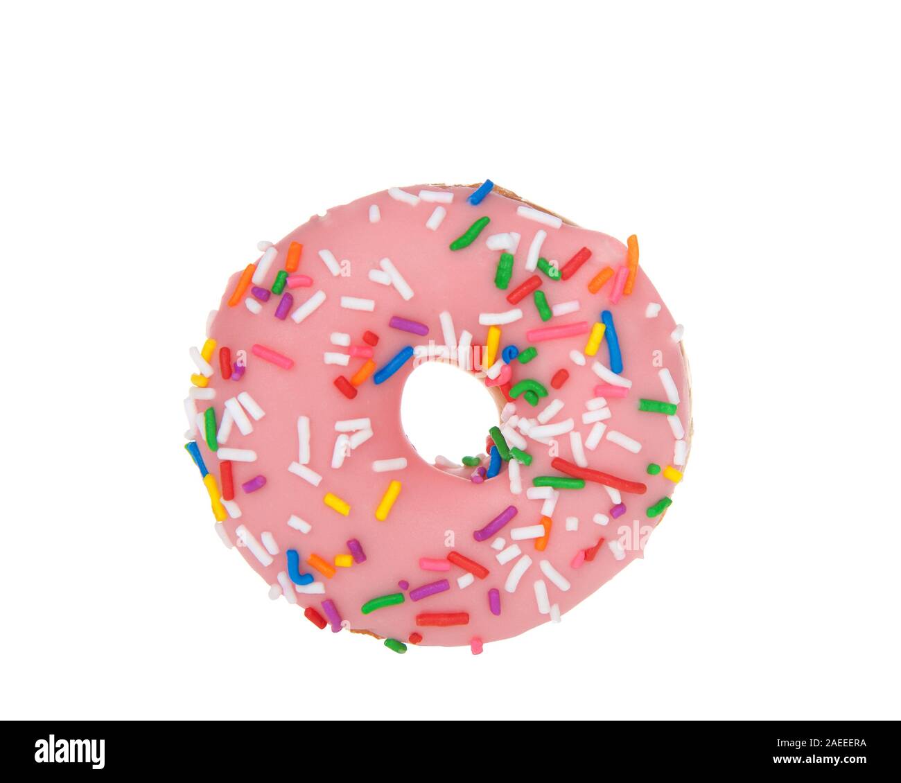 top view one cake donut frosted strawberry glaze with candy sprinkles ...