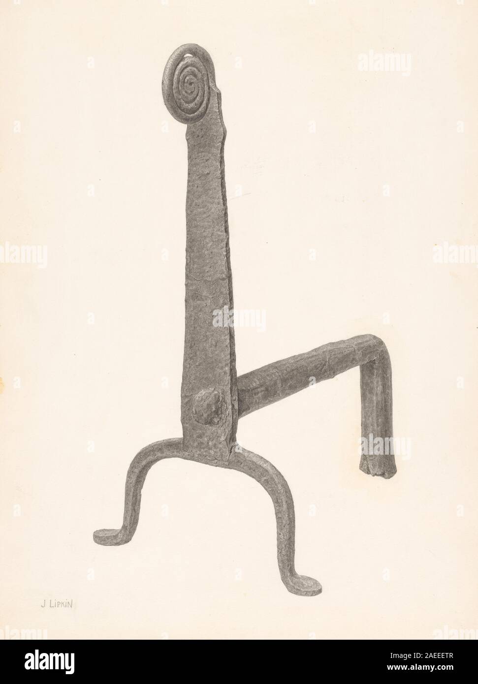 An andiron created by Jacob Lipkin, circa 1940, showing metal ...