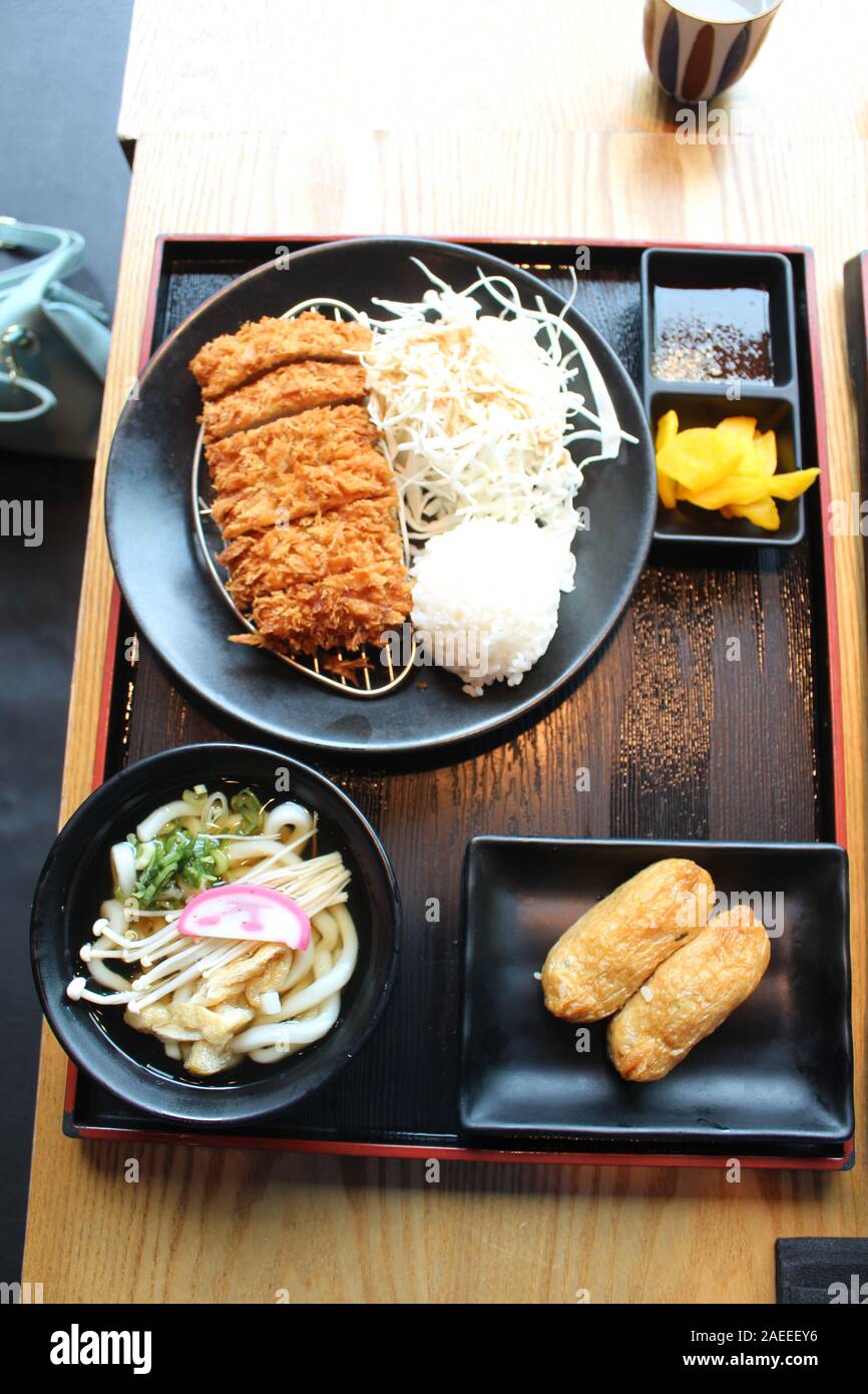 High angle shot of the Japanese traditional food fried pork chop set ...