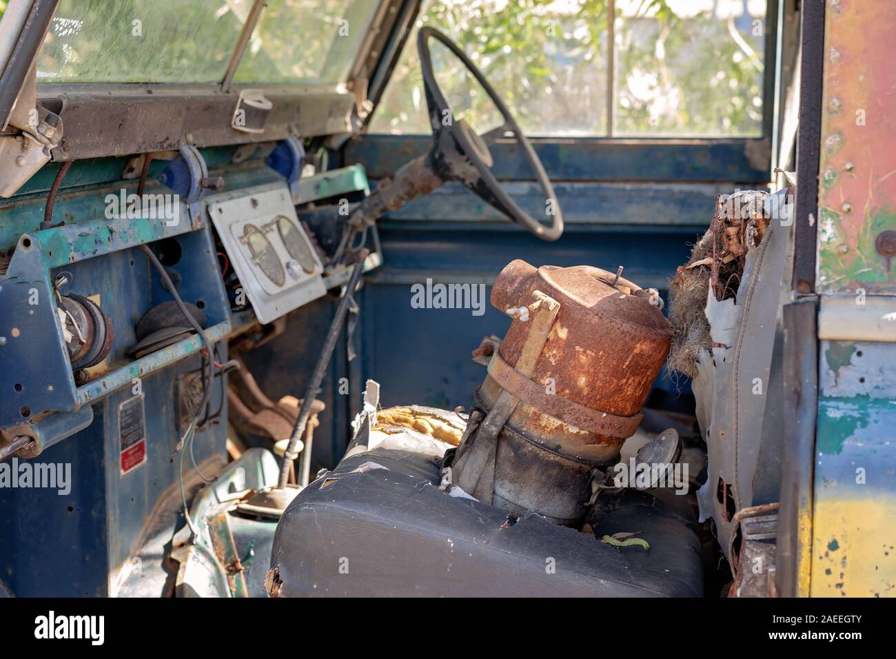 Close up of the inside of an old rusted and abandoned car Stock Photo ...