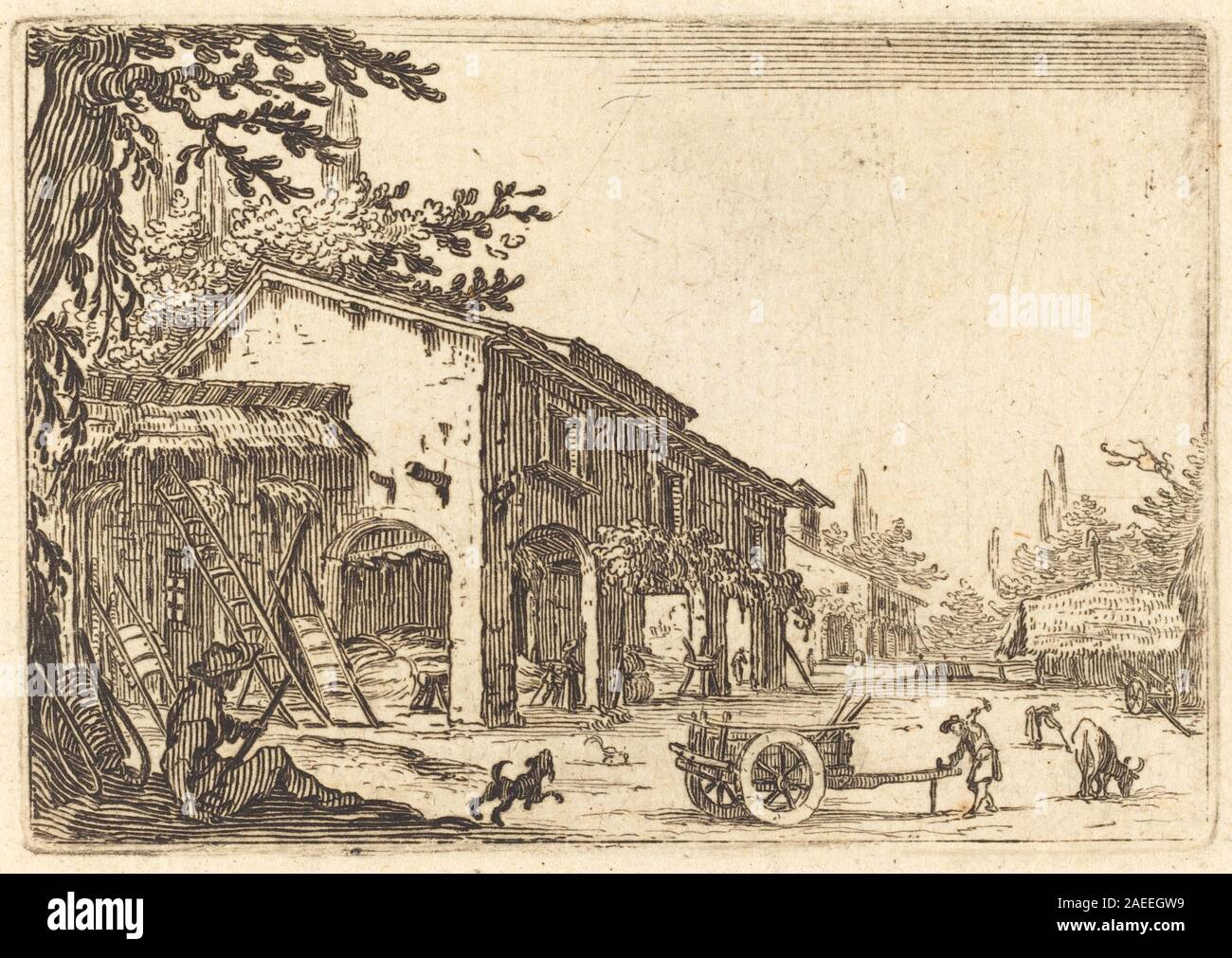 An etching by Jacques Callot showing a farm courtyard with buildings ...