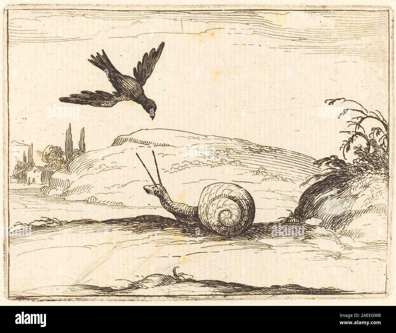 Etching by Jacques Callot dated 1628 depicting a crow observing a snail ...