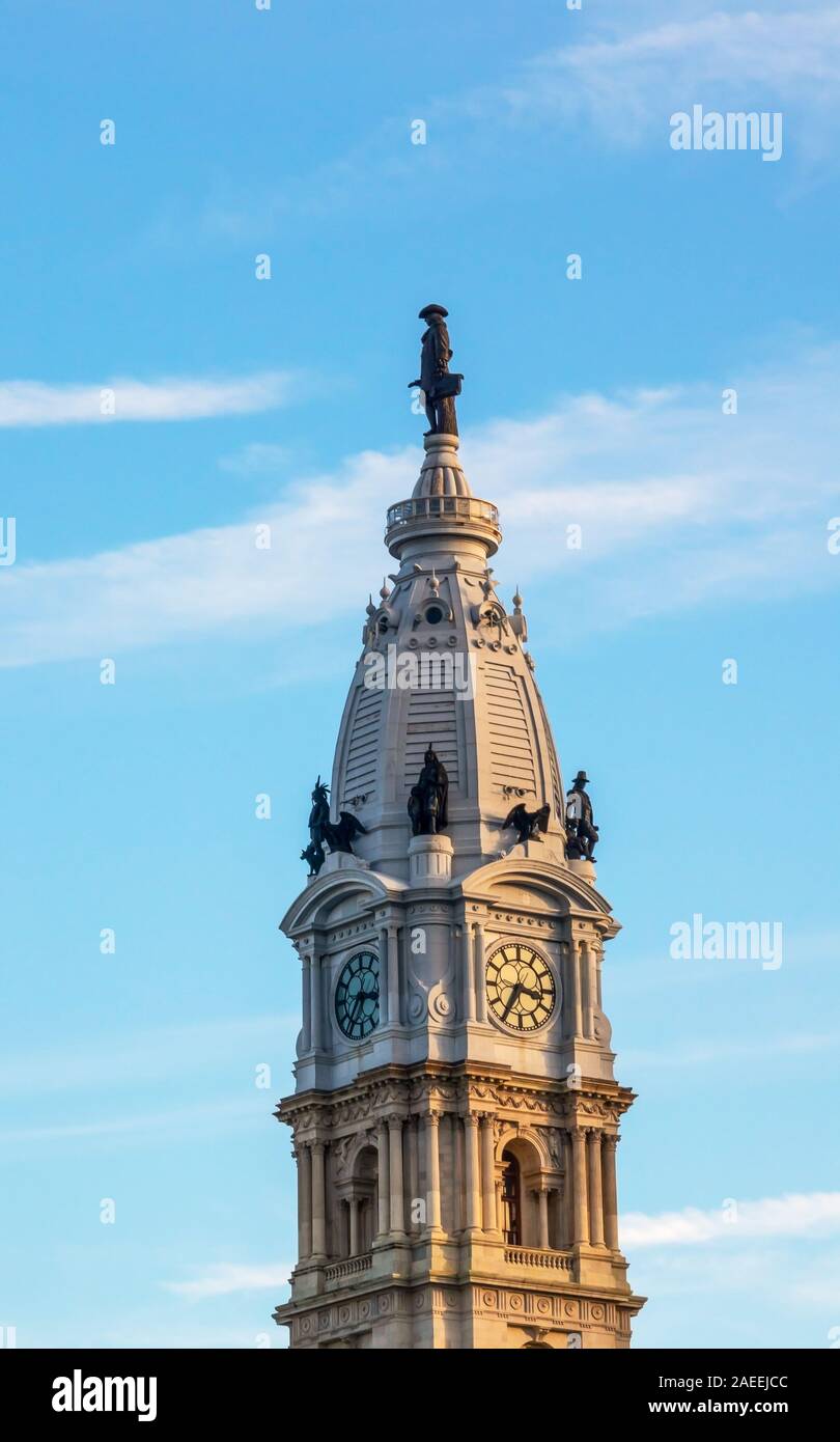 View of the clock tower on the historic building of Philadelphia City ...