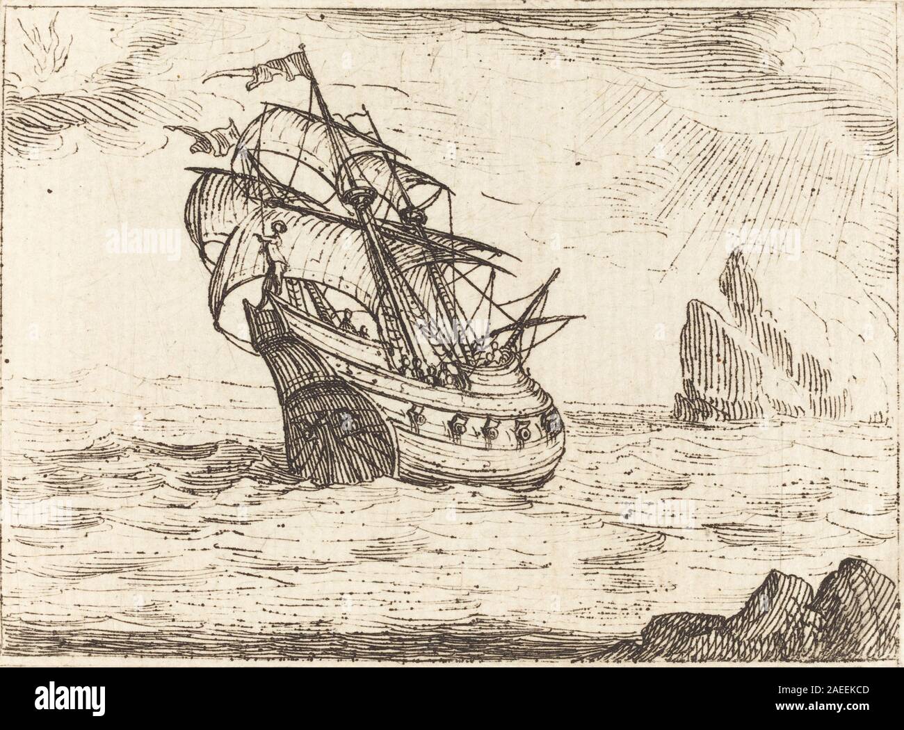 This print by Jacques Callot depicts a ship navigating near rocks ...