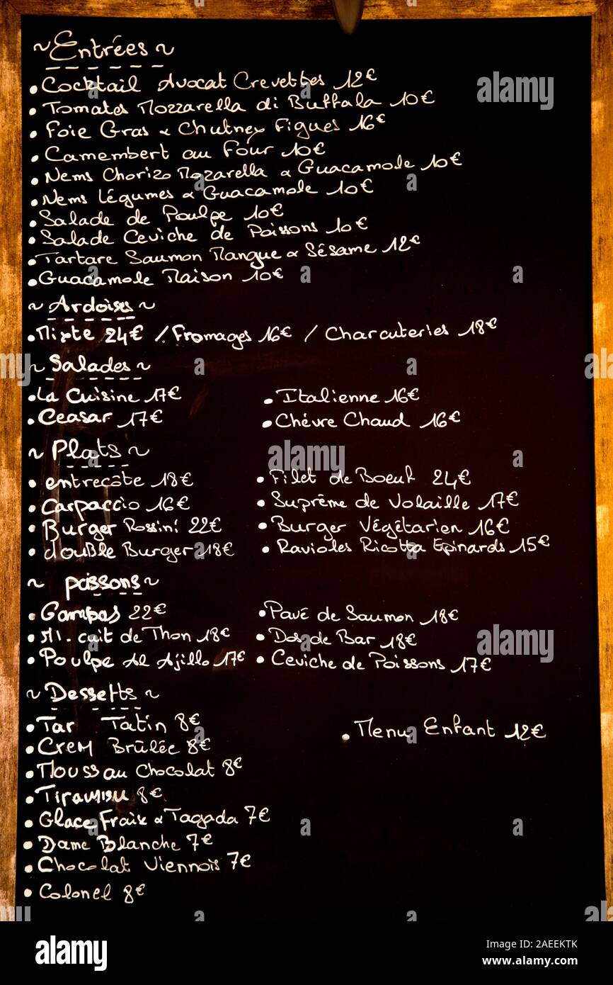 Menu displayed outside a restaurant in Provence France Stock Photo - Alamy