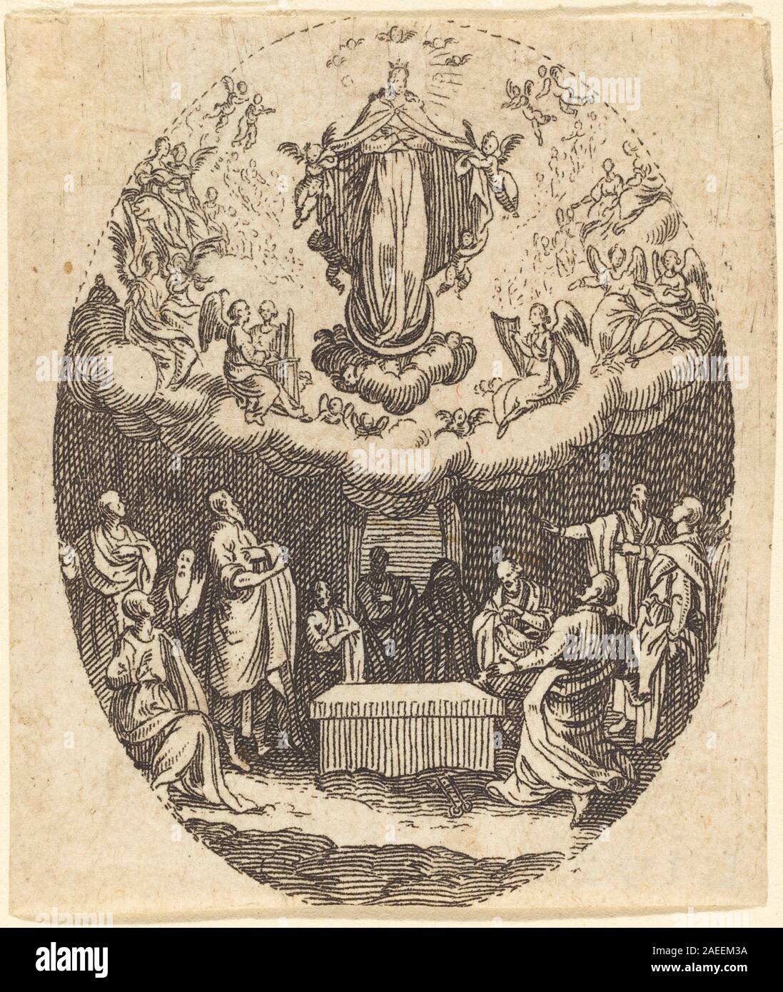 This etching depicts the Assumption with a cherub, showing a central ...