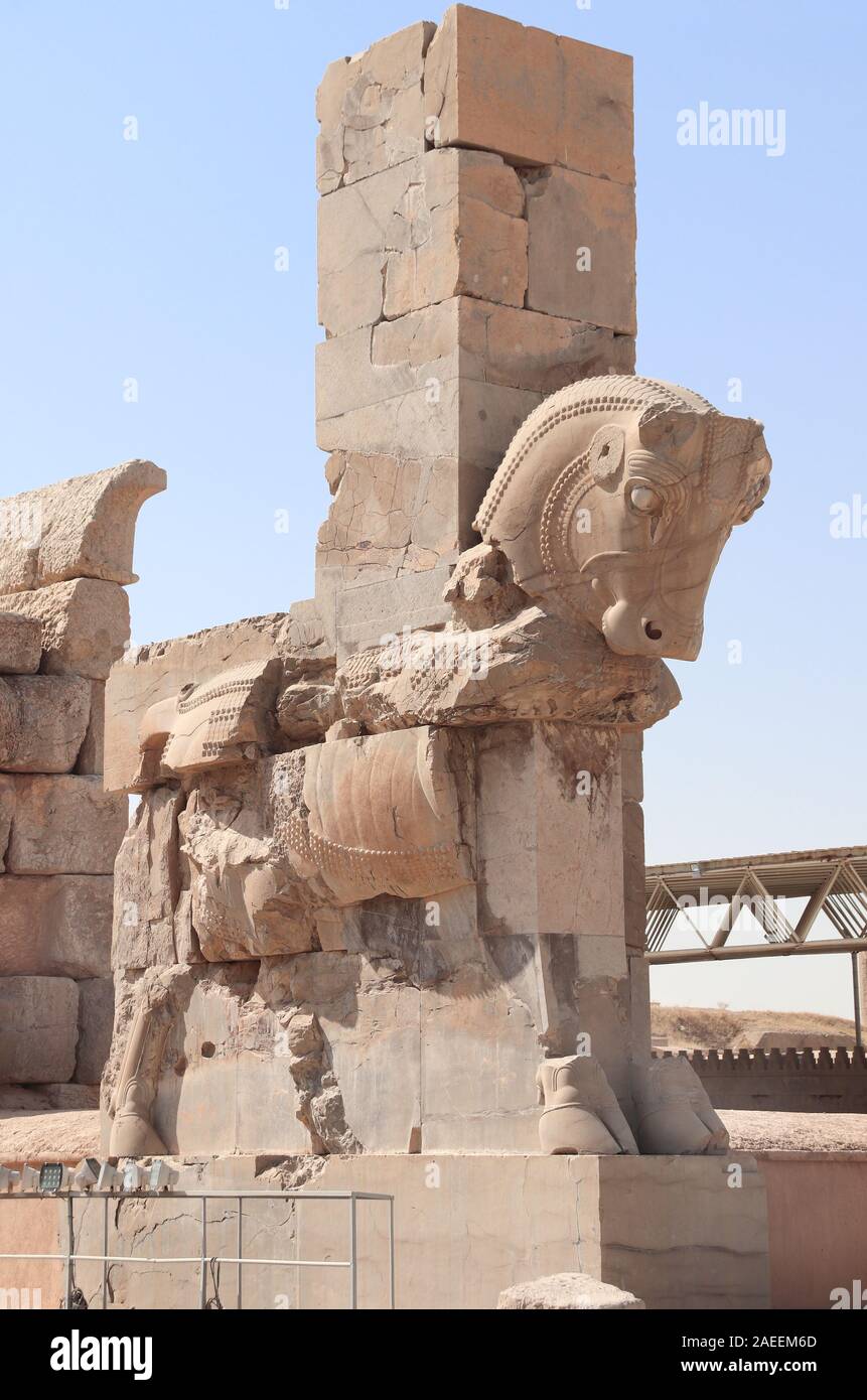Ancient column with stone statue of bull in Persepolis - capital of the ...