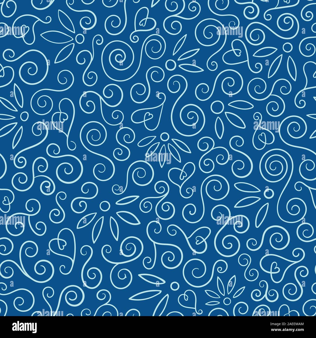 Vector doodle style swirls and heart seamless repeat pattern in classic ...