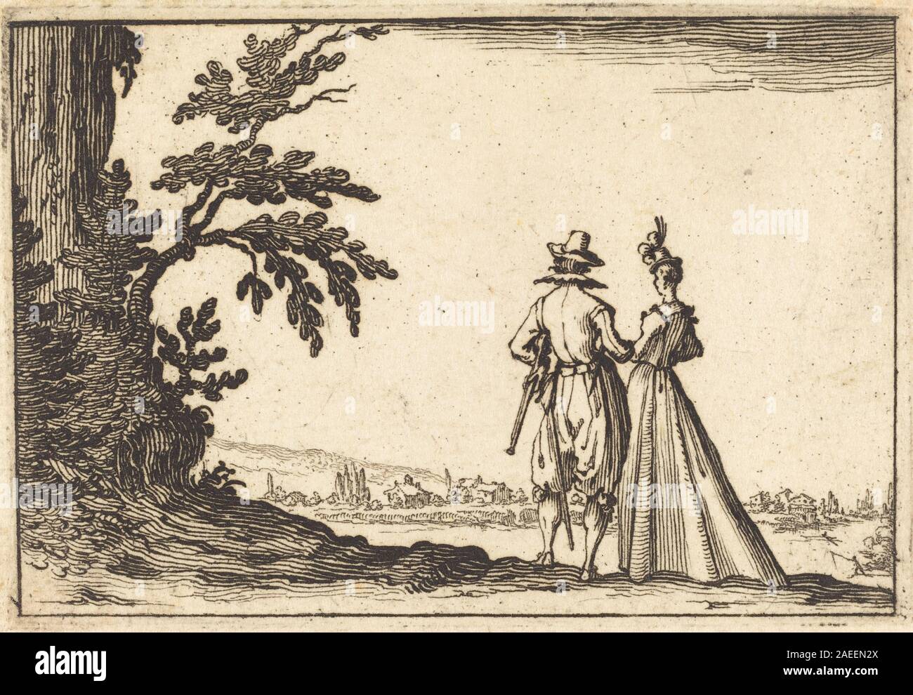 This circa 1617 etching by Jacques Callot depicts figures walking in a ...