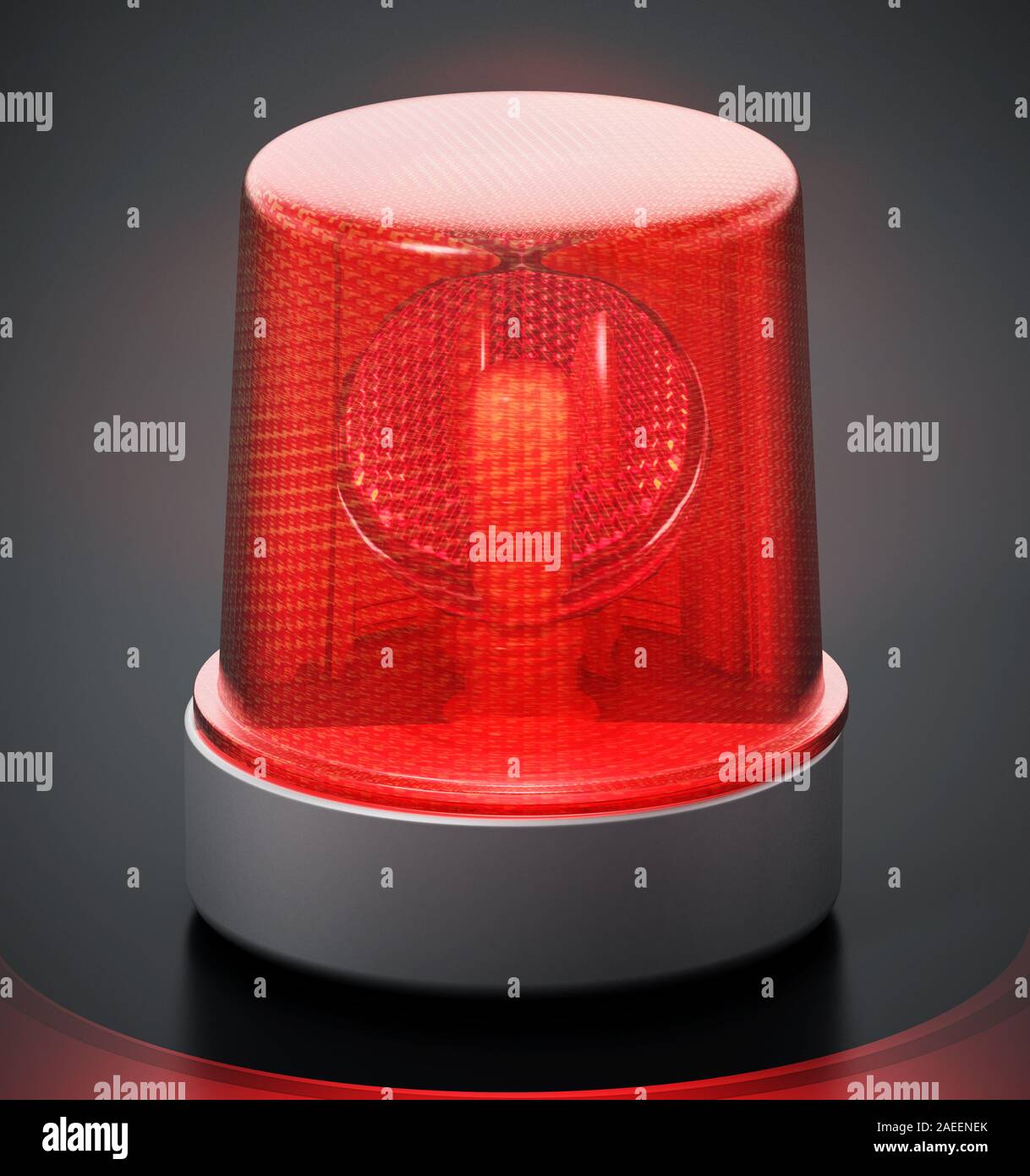 Flashing red alarm light isolated on black background. 3D illustration ...