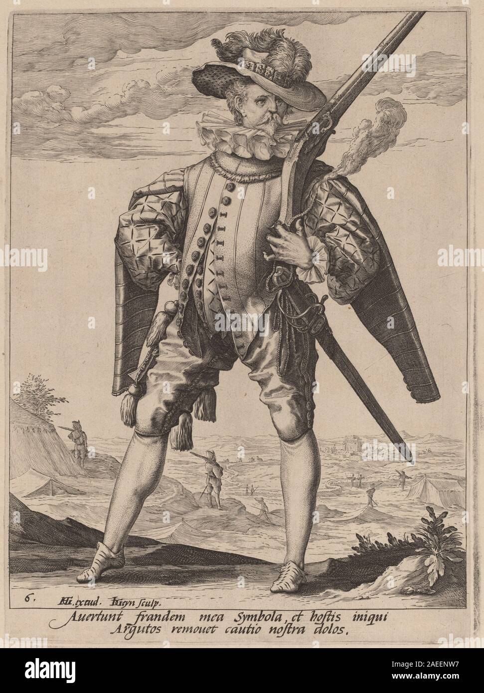 Musketeer, 1587, by Jacques de Gheyn II after Hendrik Goltzius, depicts ...