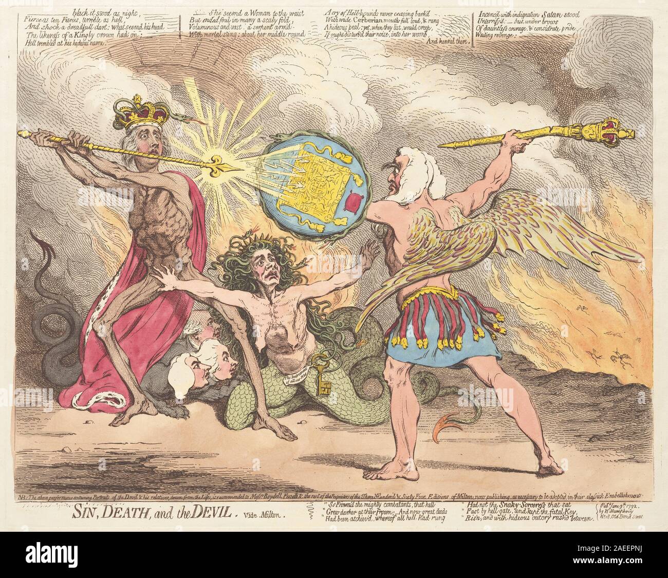 James Gillray's 1792 print, Sin, Death, and the Devil, illustrates ...