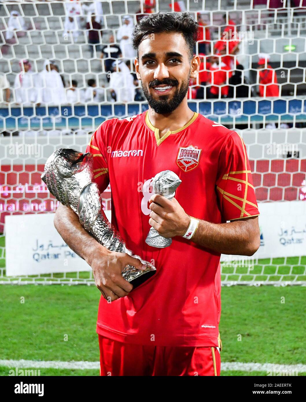 Doha, Qatar. 8th Dec, 2019. Bahrain's player Jali Madan celebrates with ...