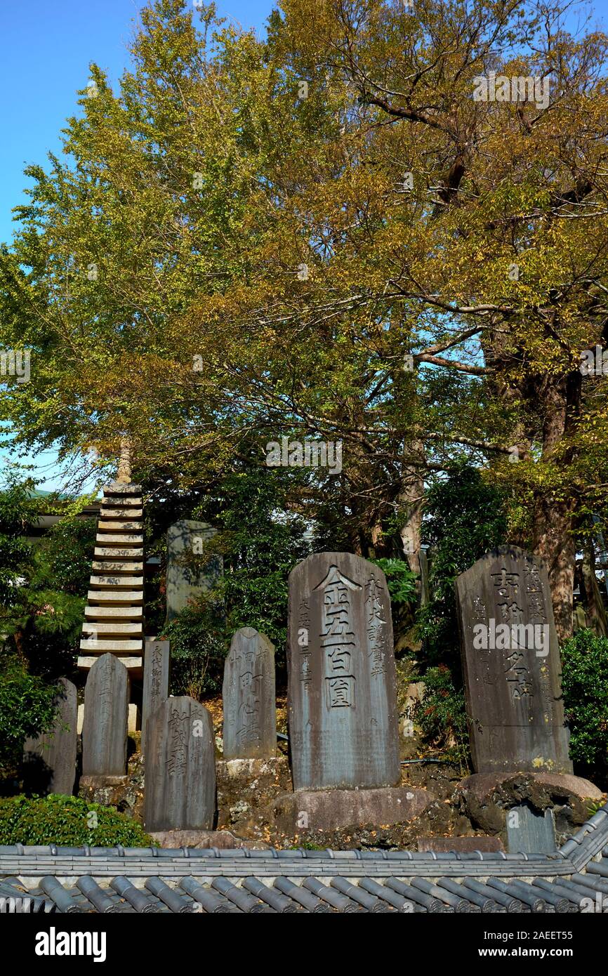 Old stone tablets on a hill with fall color at the Naritasan Shinshoji ...