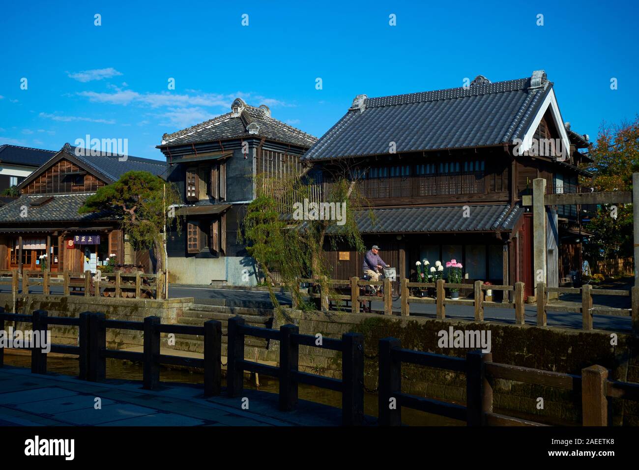 Old wood houses line the Ono river canal in the Edo era section of ...