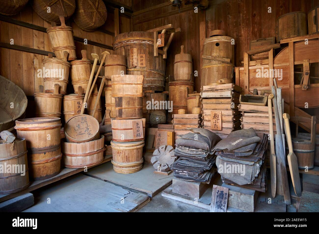 Beautiful old, wood sake making containers, tools at the Tokun sake ...
