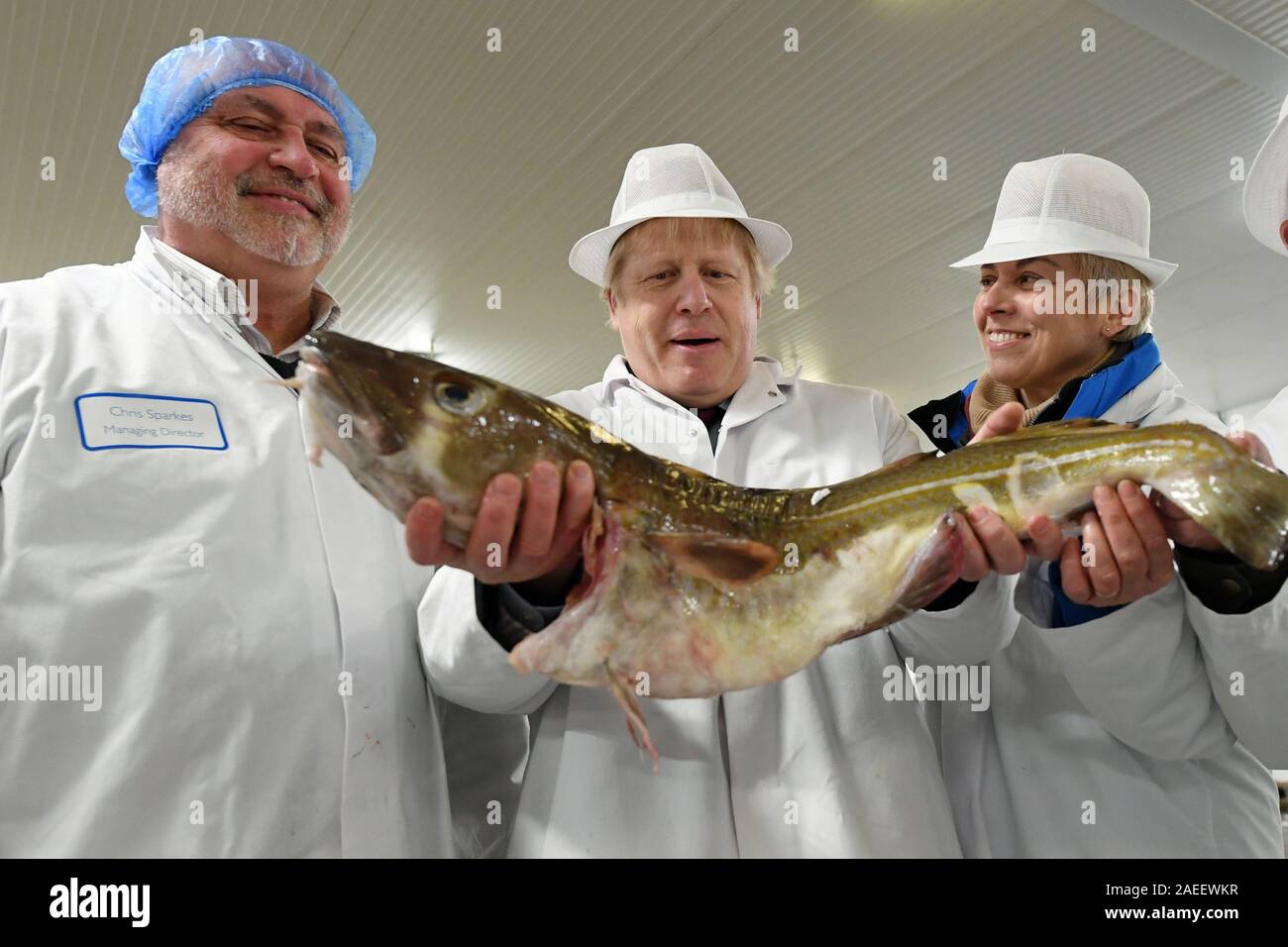 Prime minister boris johnson during visit to grimsby fish market hi-res ...