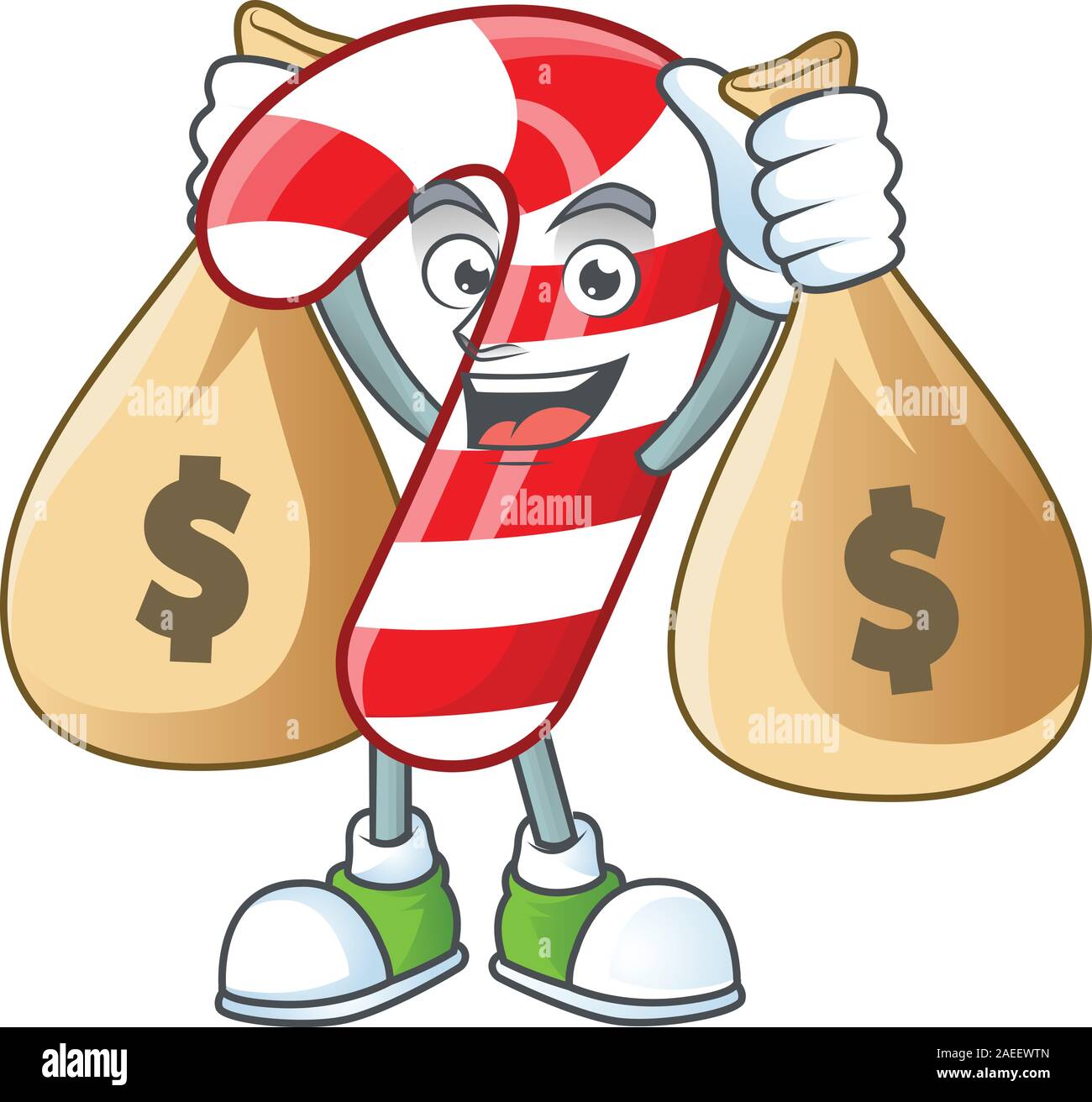 Cute christmas candy cane cartoon character smiley with money bag Stock ...