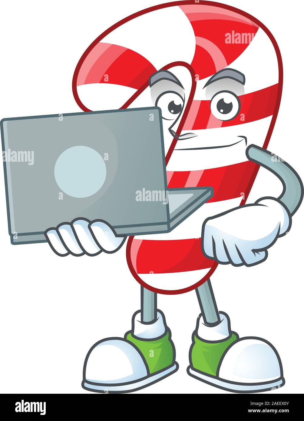 Happy smiling christmas candy cane cartoon character working with ...