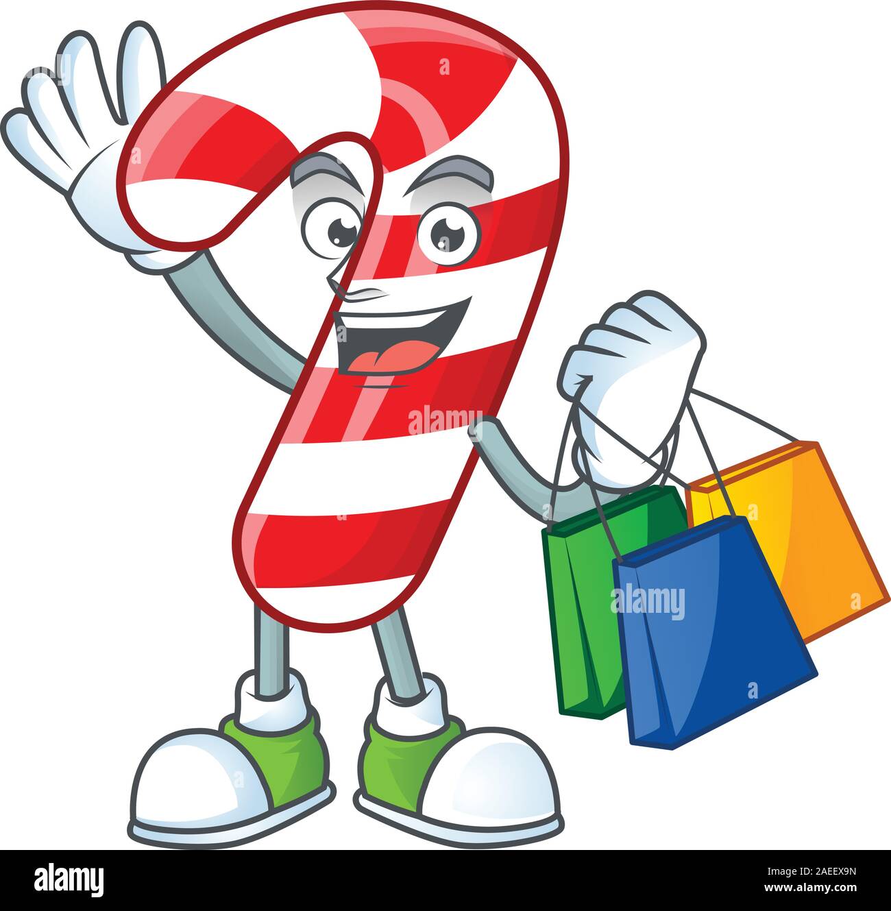 Cheerful christmas candy cane cartoon character waving and holding ...