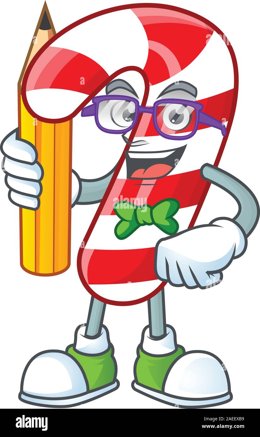 Cool smart Student christmas candy cane character holding pencil Stock ...
