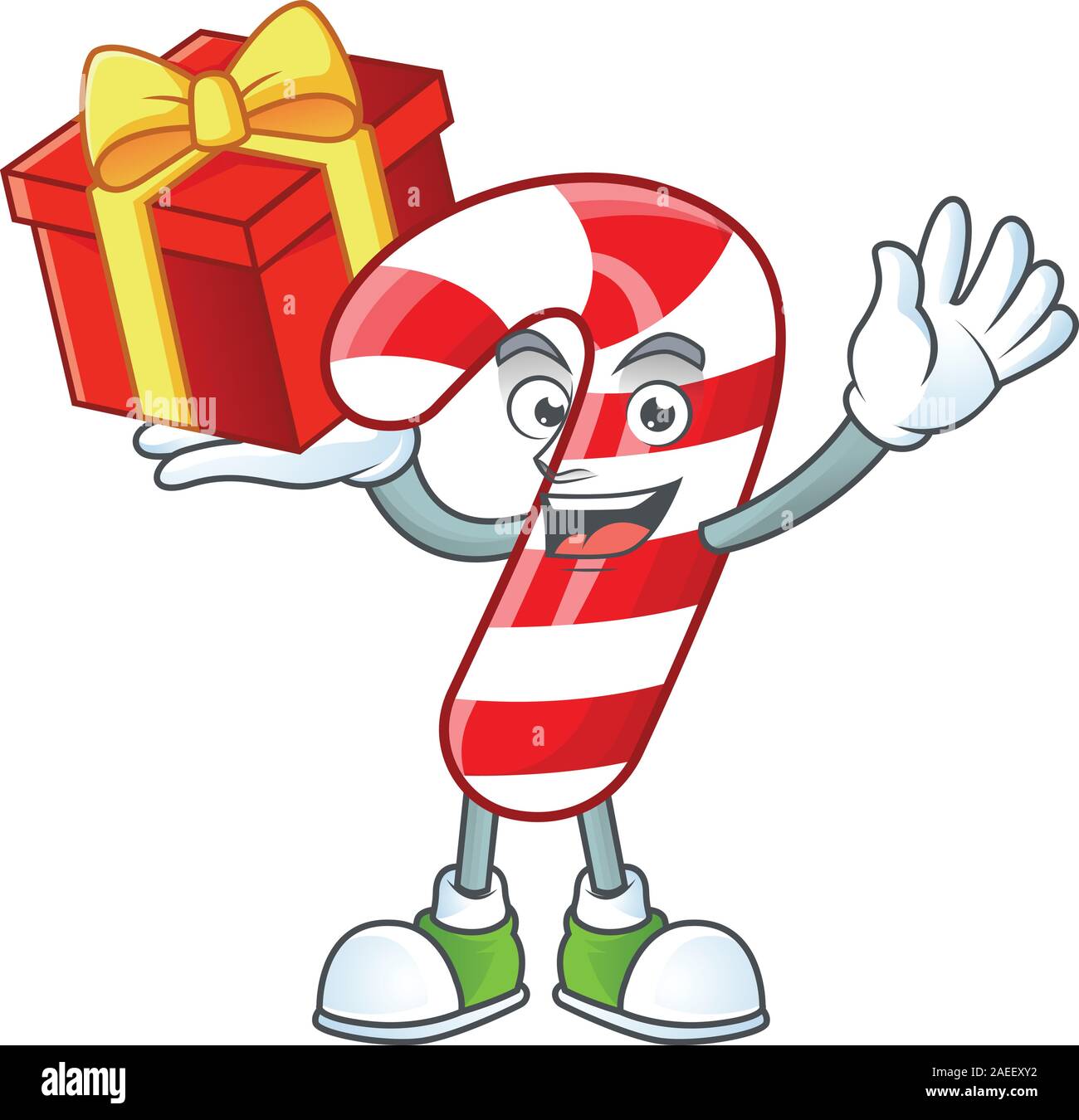 Mascot of christmas candy cane character up a gift Stock Vector Image ...